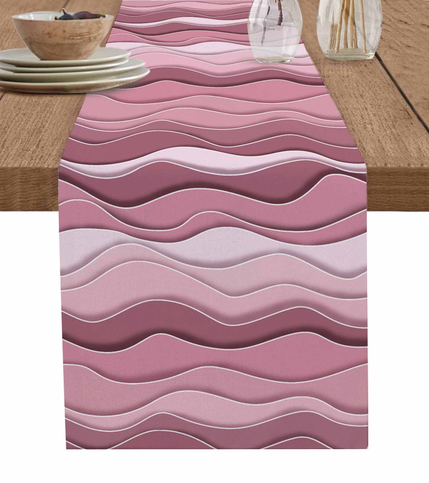ERUNPONLY Pink Ombre Table Runner - 72 Inch Long Abstract Art Moire Ocean Waves Cotton and Linen ...