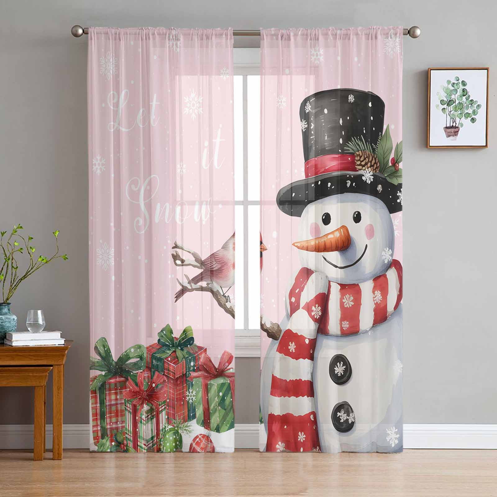 ERUNPONLY Pink Snowman Christmas Sheer Curtains 84 Inch Length 2 Panels ...