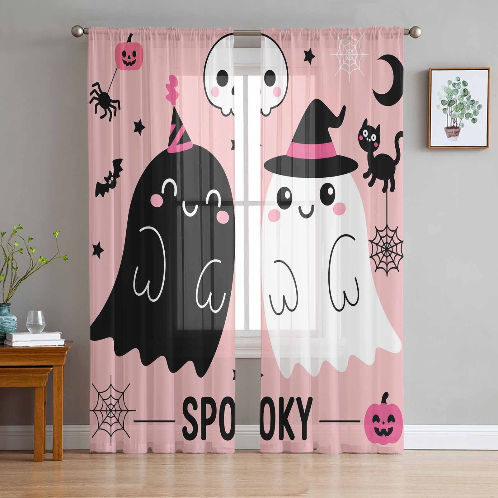 ERUNPONLY Pink Spooky Halloween Sheer Curtains 72 Inch Length 2 Panels ...