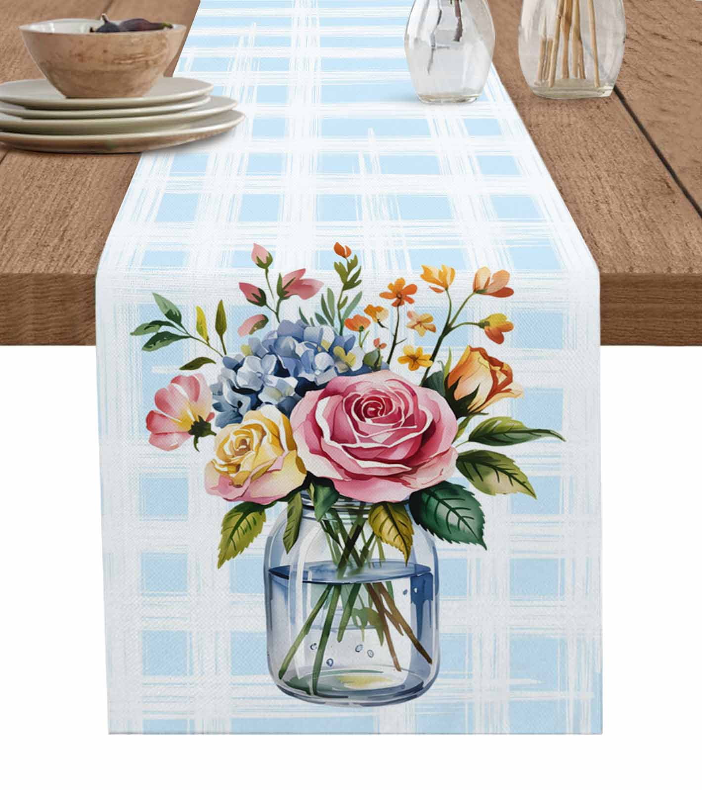 ERUNPONLY Pink Spring Floral Table Runner - 72 Inch Long Farmhouse Blue ...
