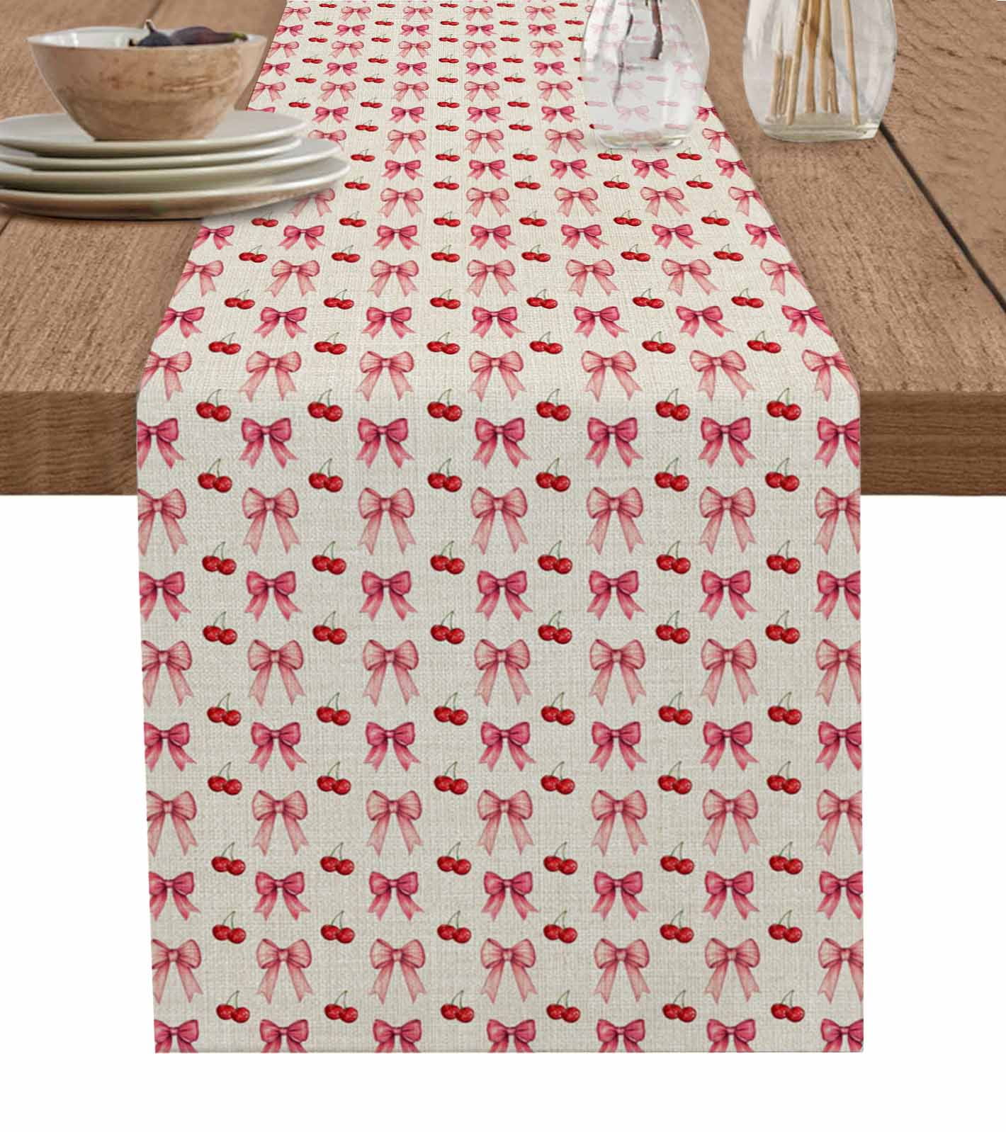 ERUNPONLY Pink Sweet Bow Table Runner - 72 Inch Long Red Cherry Beige ...