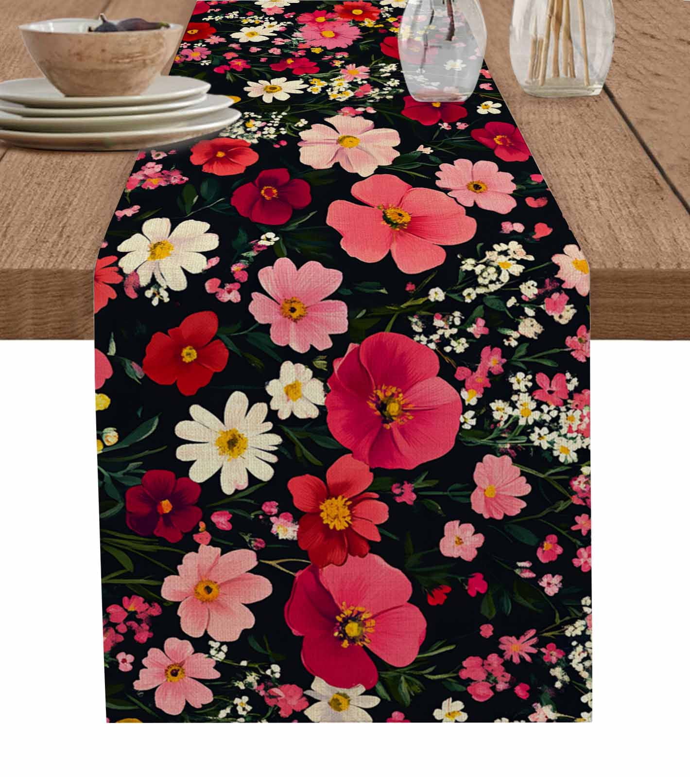 ERUNPONLY Pink Wildflowers Table Runner - 60 Inch Long Countryside ...