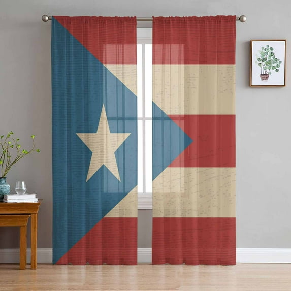 ERUNPONLY Puerto Rico Flag Sheer Curtains 96 Inch Length 2 Panels Set, Red Blue Vintage Voile ...