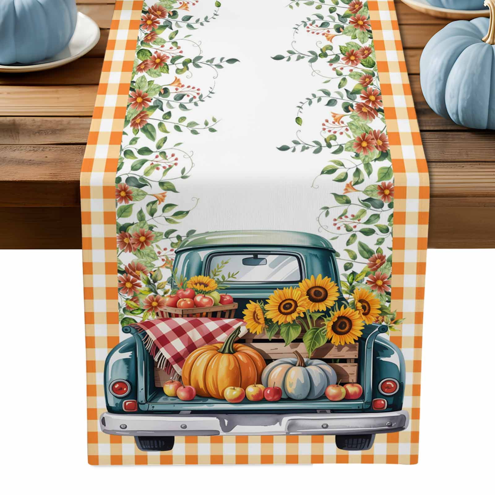ERUNPONLY Pumpkins Sunflowers Table Runner - 72 Inch Long Truck Leaves ...