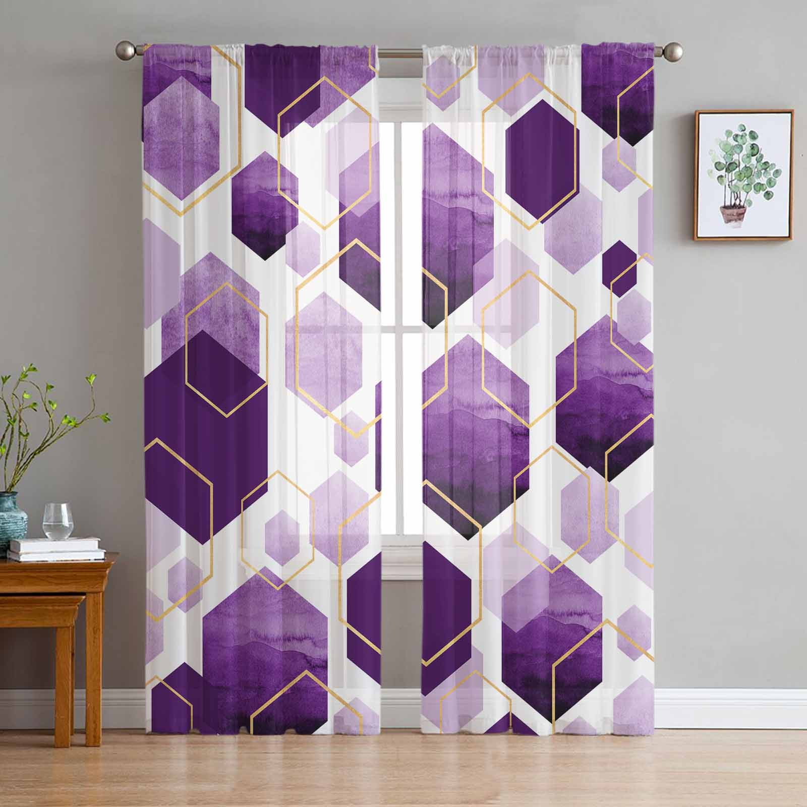 ERUNPONLY Purple Geometric Sheer Curtains 63 Inch Length 2 Panels Set ...