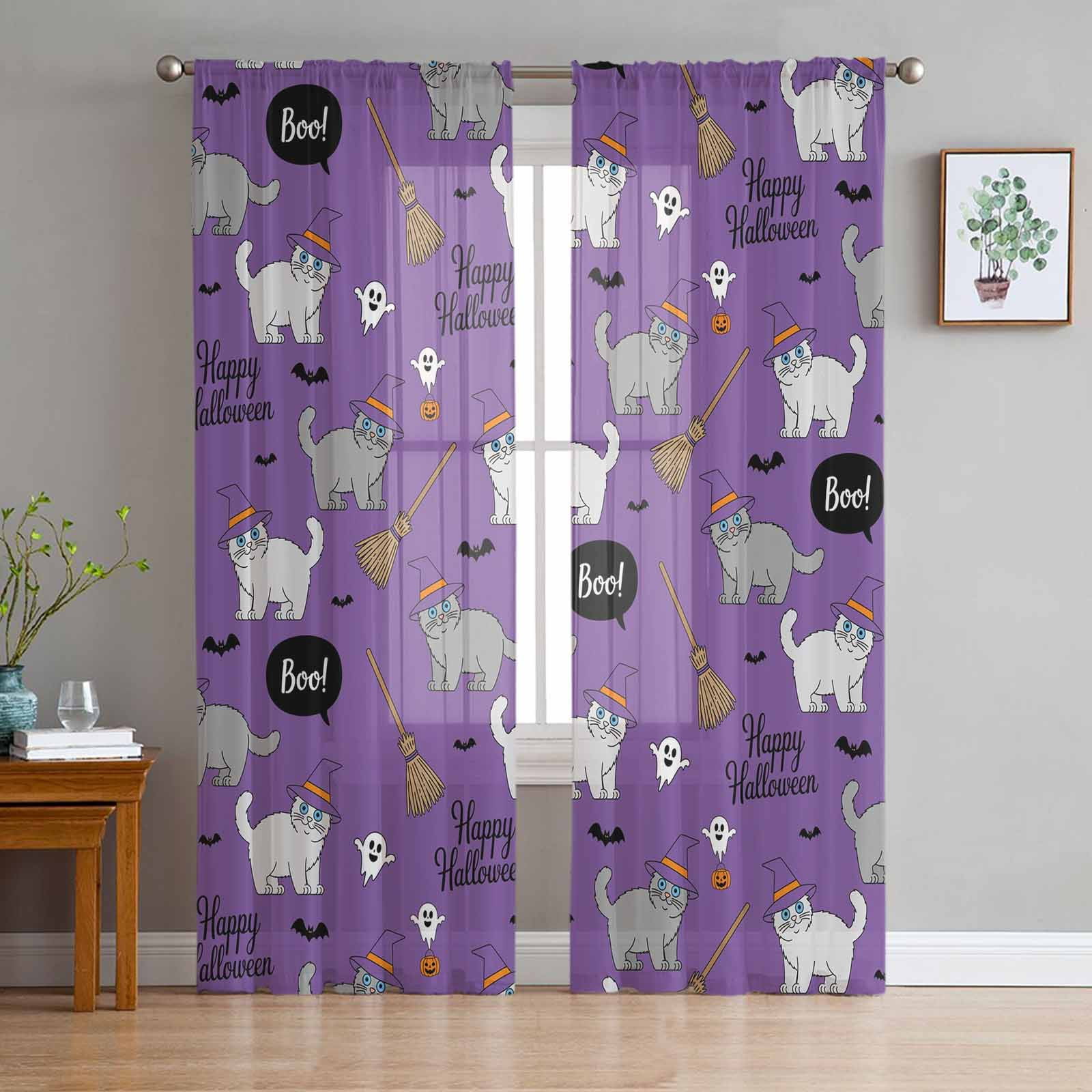ERUNPONLY Purple Halloween Sheer Curtains 63 Inch Length 2 Panels Set ...