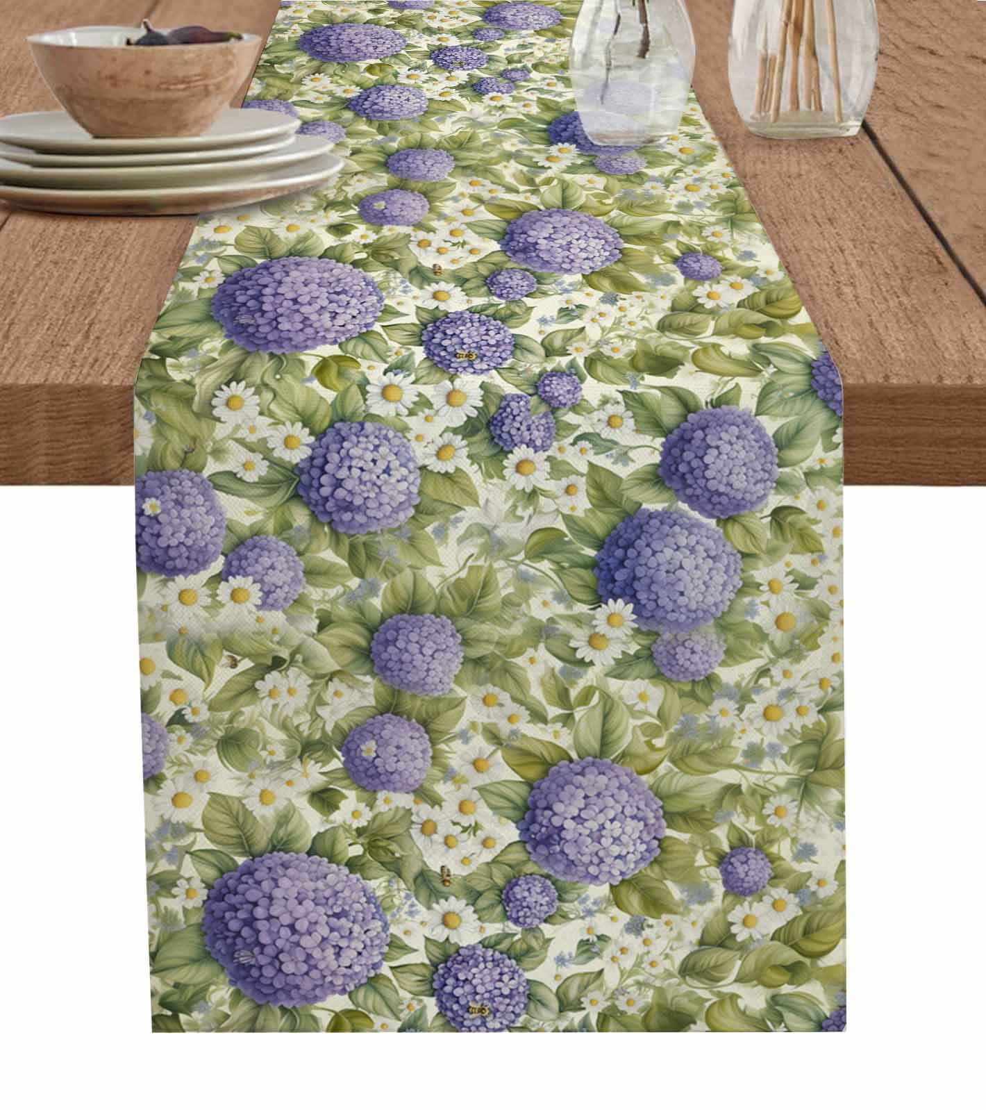 ERUNPONLY Purple Hydrangeas Table Runner - 70 Inch Long Spring Floral ...