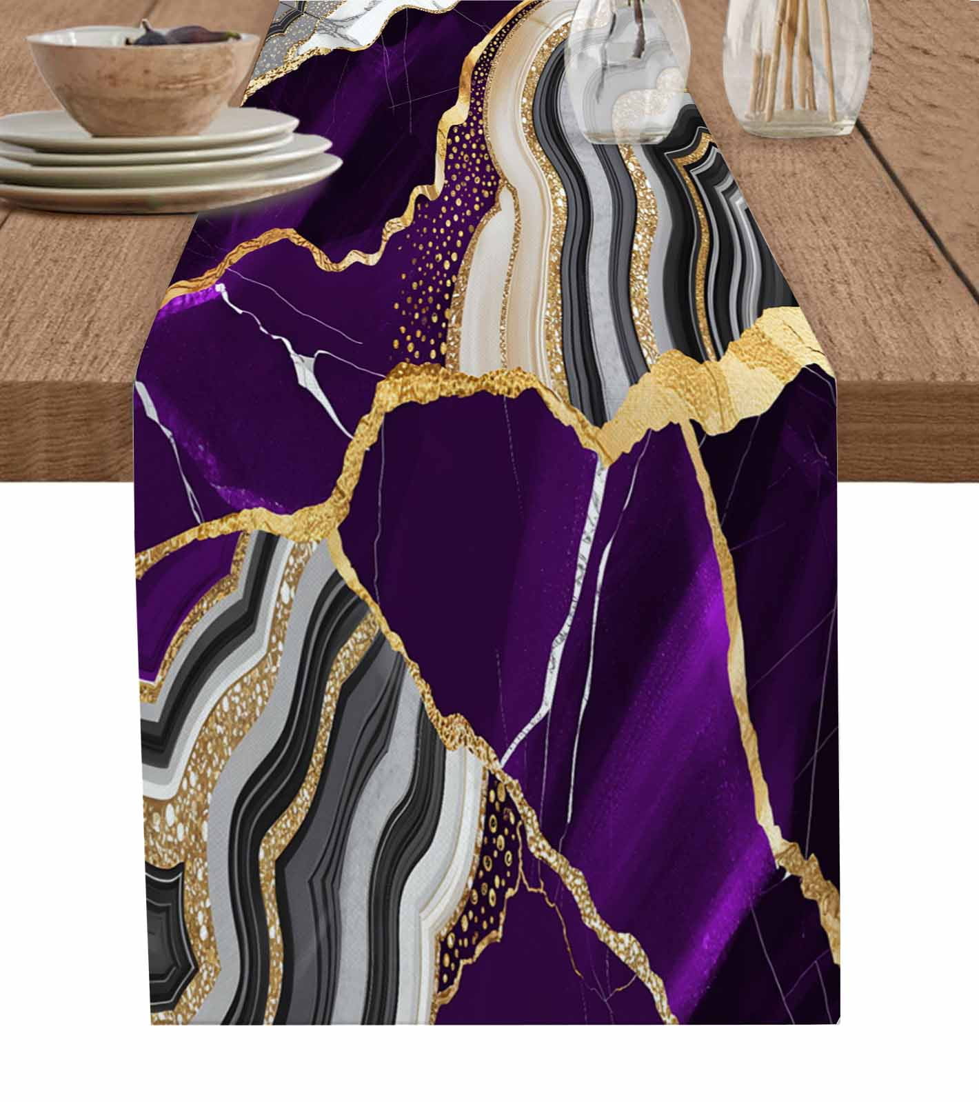 ERUNPONLY Purple Marble Table Runner - 72 Inch Long Grey Gold Texture ...