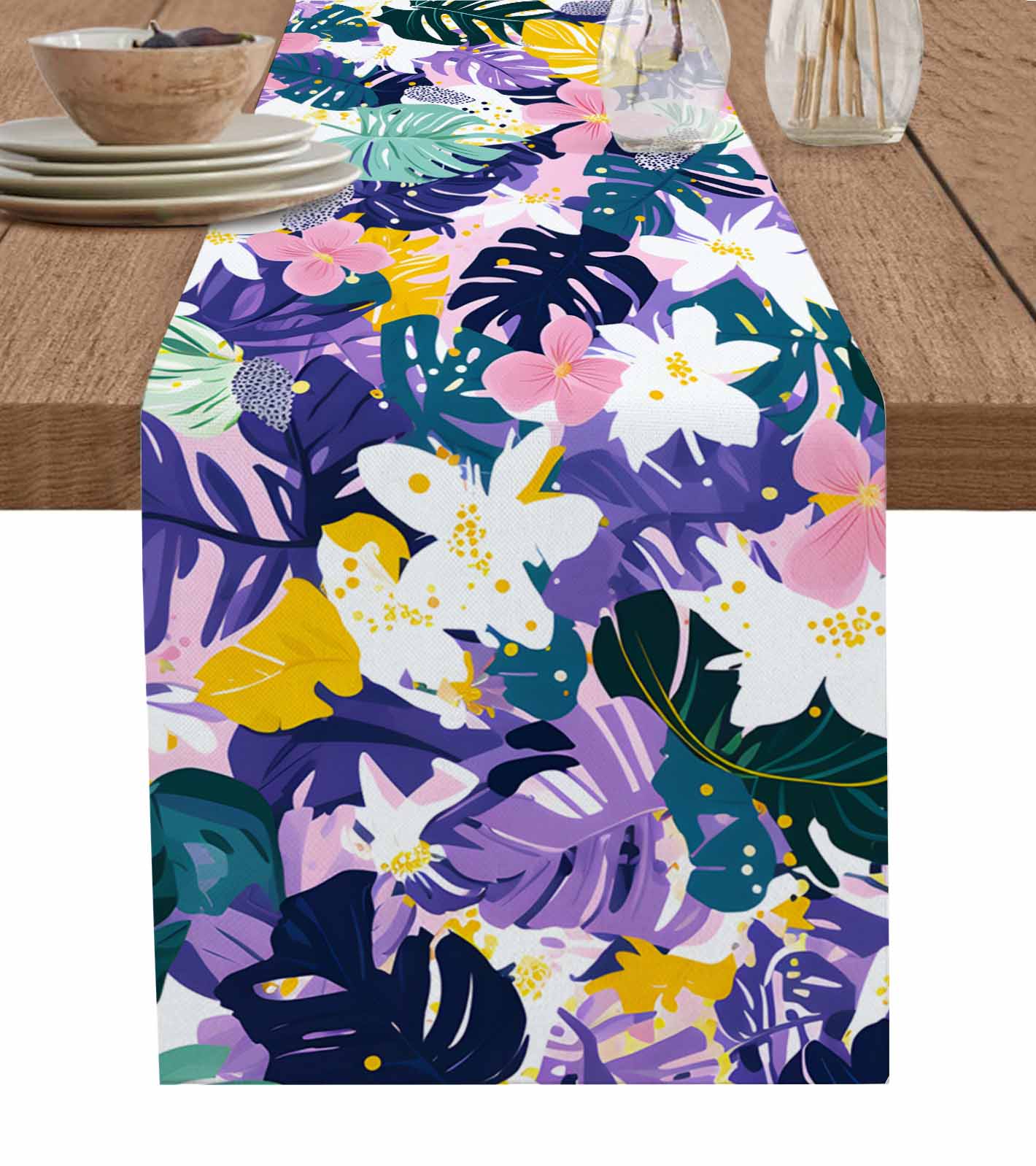 ERUNPONLY Purple Palm Leaf Table Runner - 72 Inch Long Tropical Flower ...