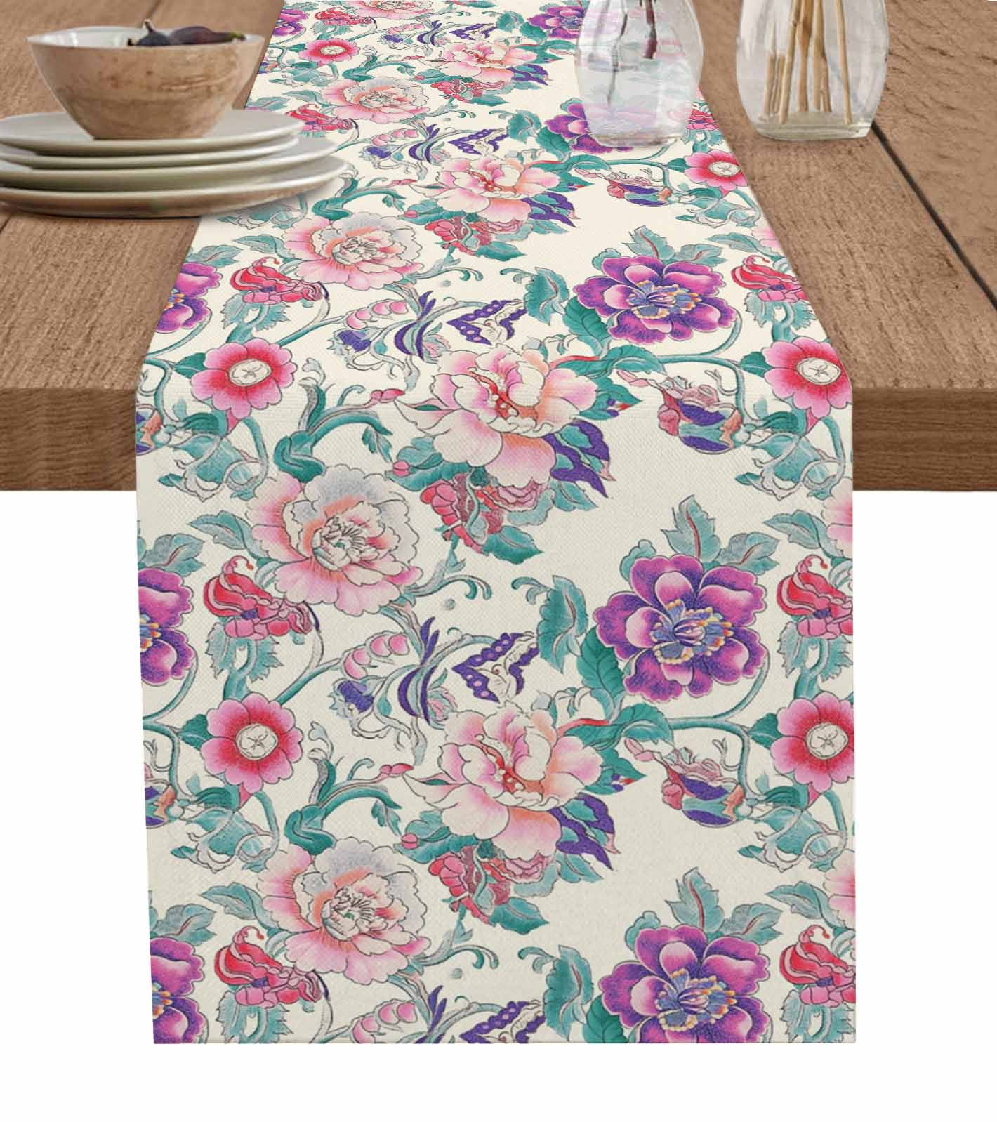 ERUNPONLY Purple Pink Floral Table Runner - 48 Inch Long Vintage ...
