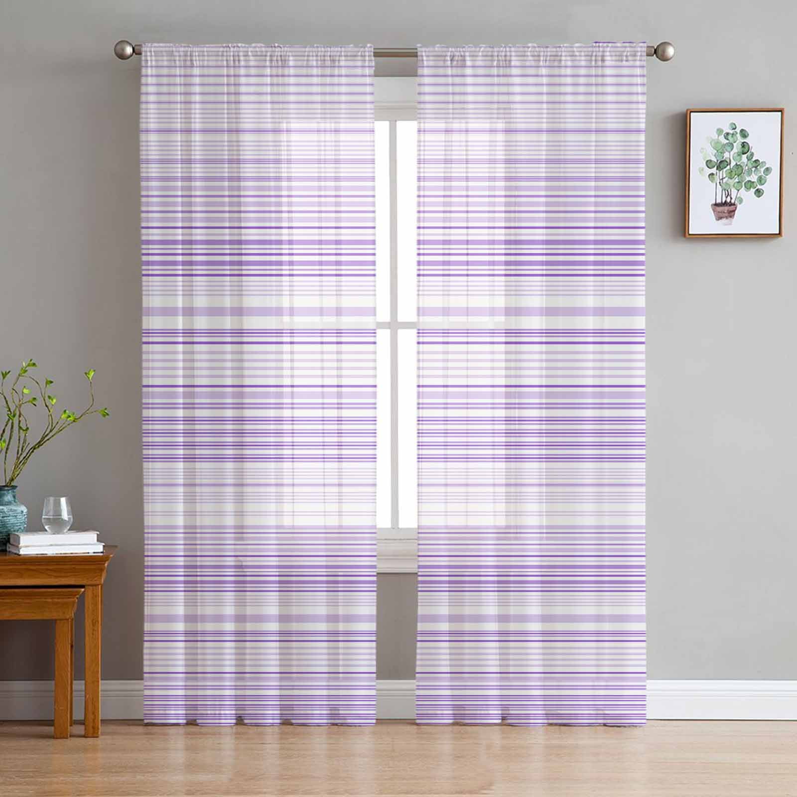 ERUNPONLY Purple Stripe Sheer Curtains 84 Inch Length 2 Panels Set ...