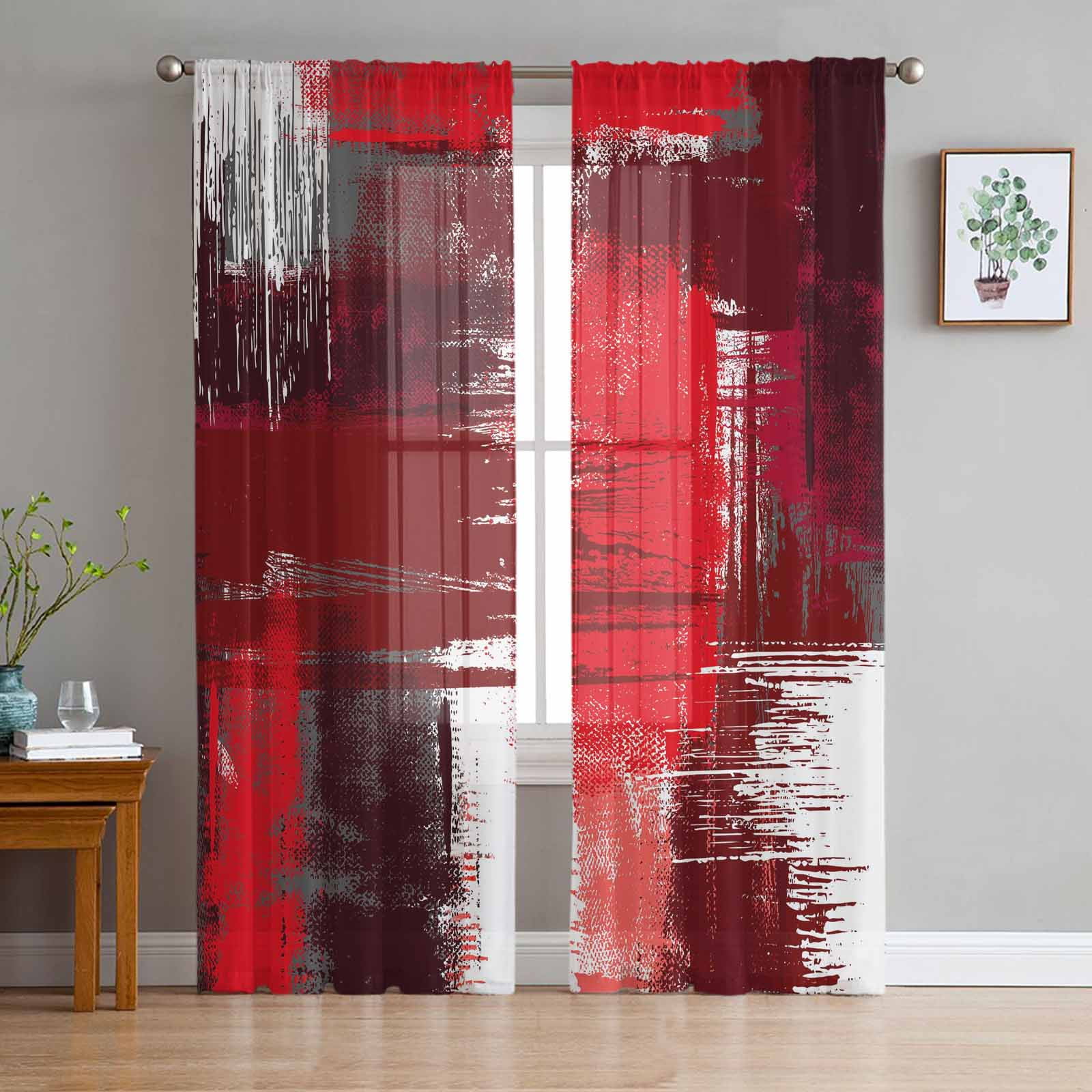ERUNPONLY Red Abstract Sheer Curtains 63 Inch Length 2 Panels Set ...