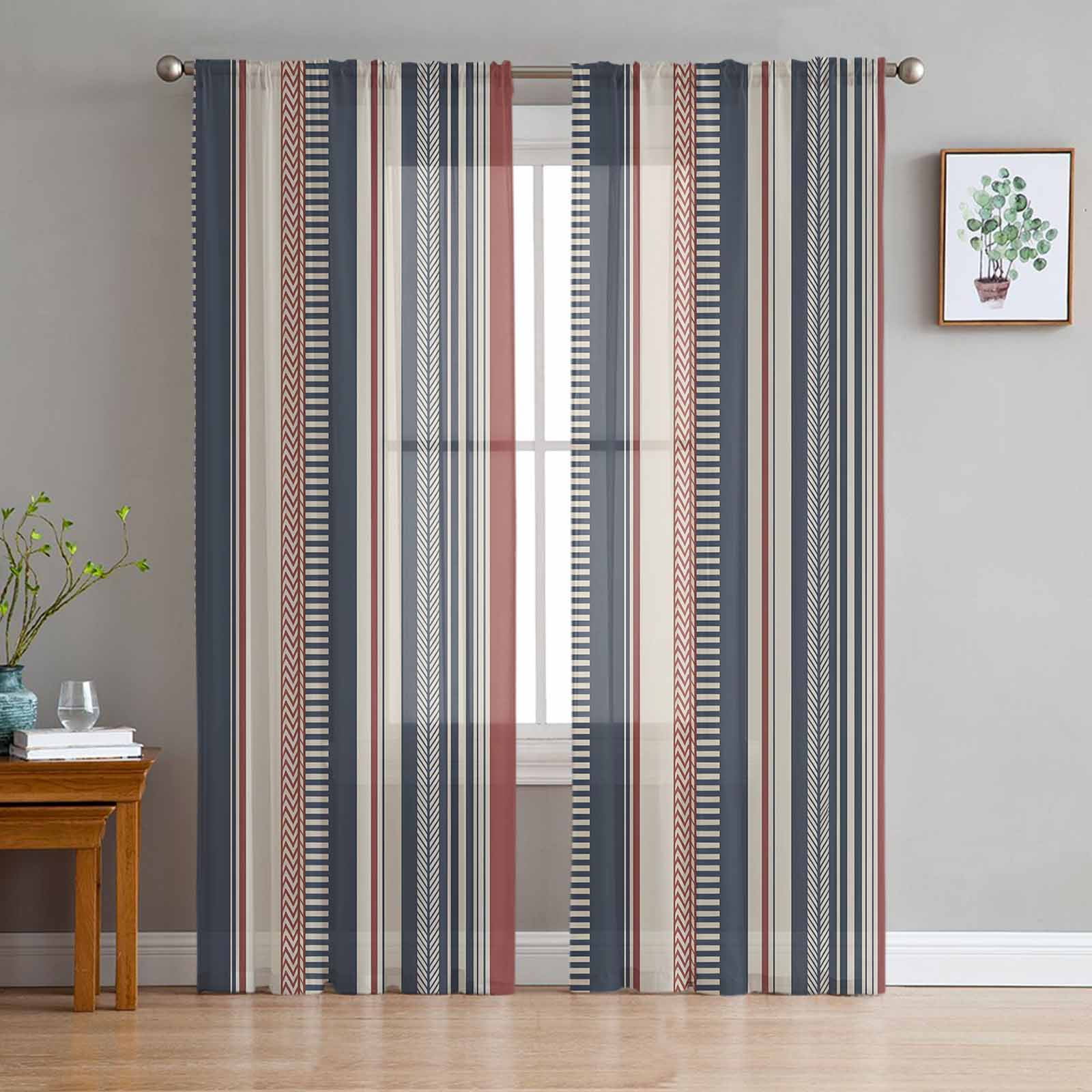 ERUNPONLY Red Blue Beige Sheer Curtains 96 Inch Length 2 Panels Set ...