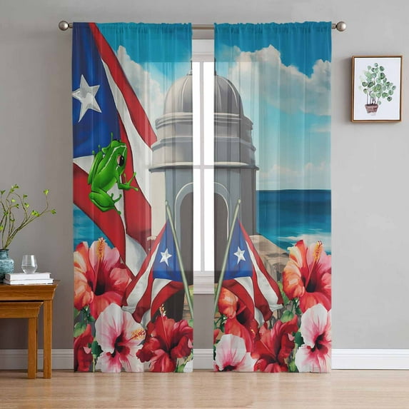 ERUNPONLY Red Blue Flag Sheer Curtains 72 Inch Length 2 Panels Set, Spring Floral Coastal Ocean ...