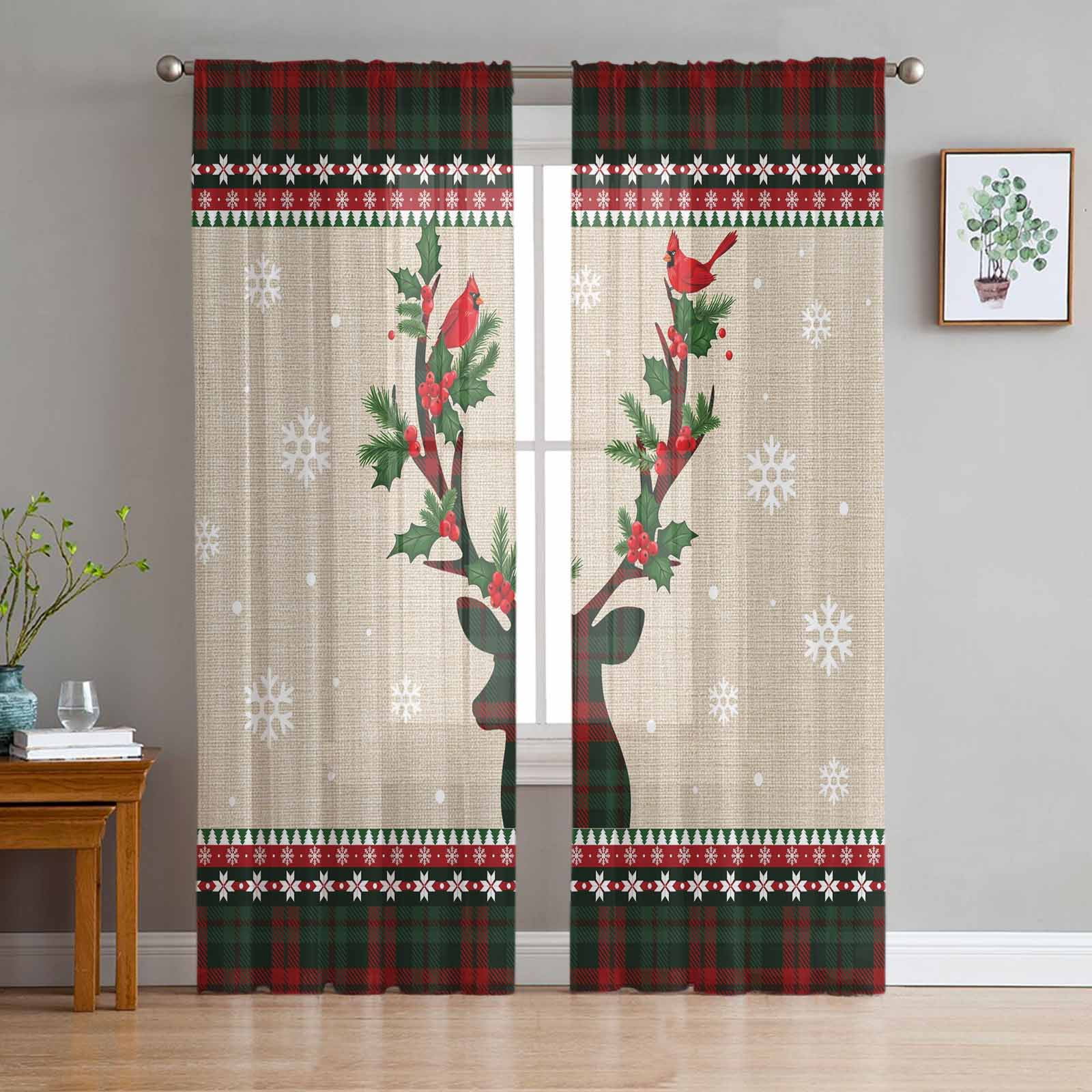 ERUNPONLY Red Christmas Elk Sheer Curtains 72 Inch Length 2 Panels Set ...