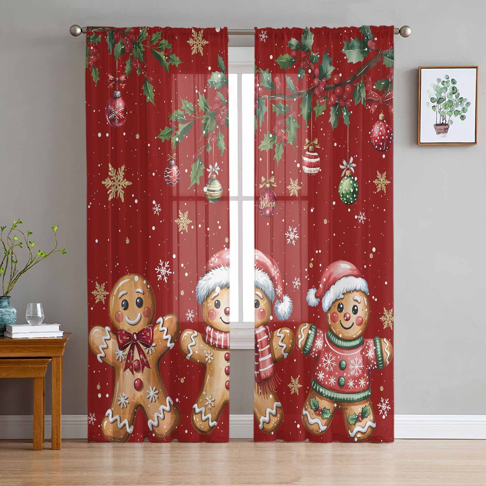 ERUNPONLY Red Christmas Gingerbread Sheer Curtains 84 Inch Length 2 ...