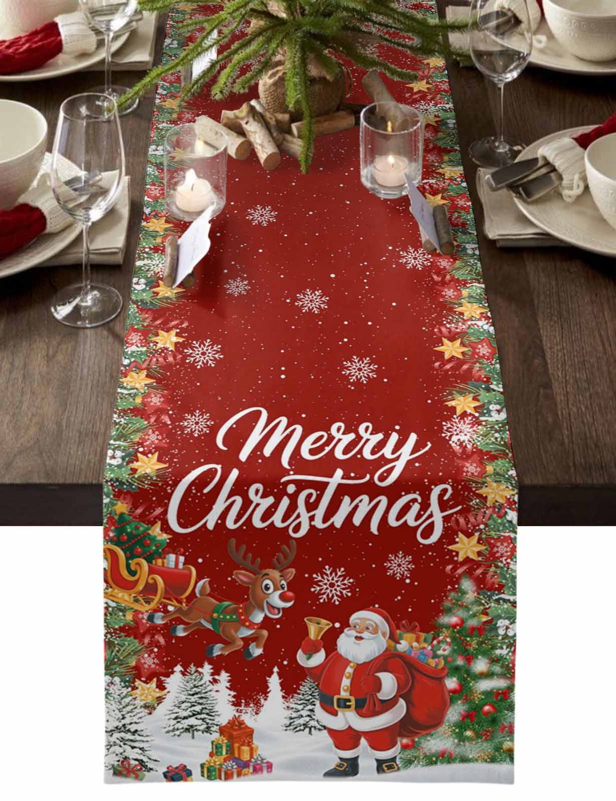 ERUNPONLY Red Christmas Santa Table Runner - 60 Inch Long Xmas Elk Tree ...