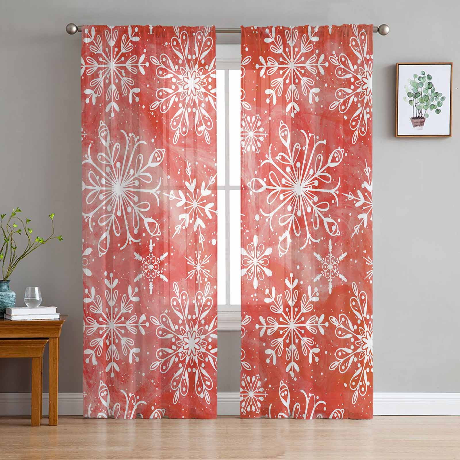 ERUNPONLY Red Christmas Sheer Curtains 63 Inch Length 2 Panels Set ...