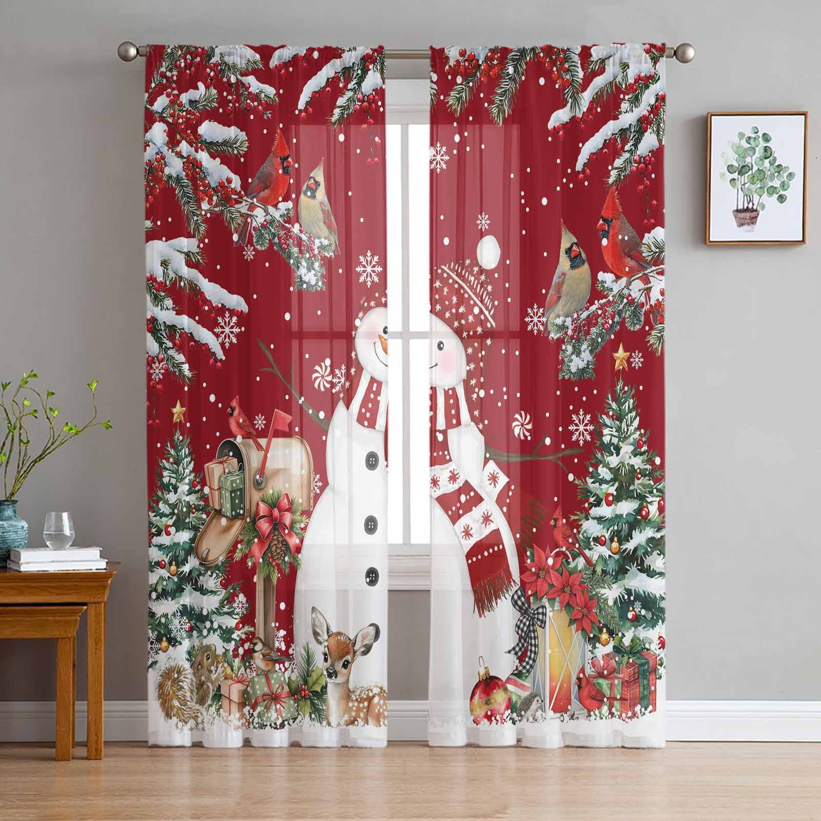 ERUNPONLY Red Christmas Sheer Curtains 63 Inch Length 2 Panels Set ...