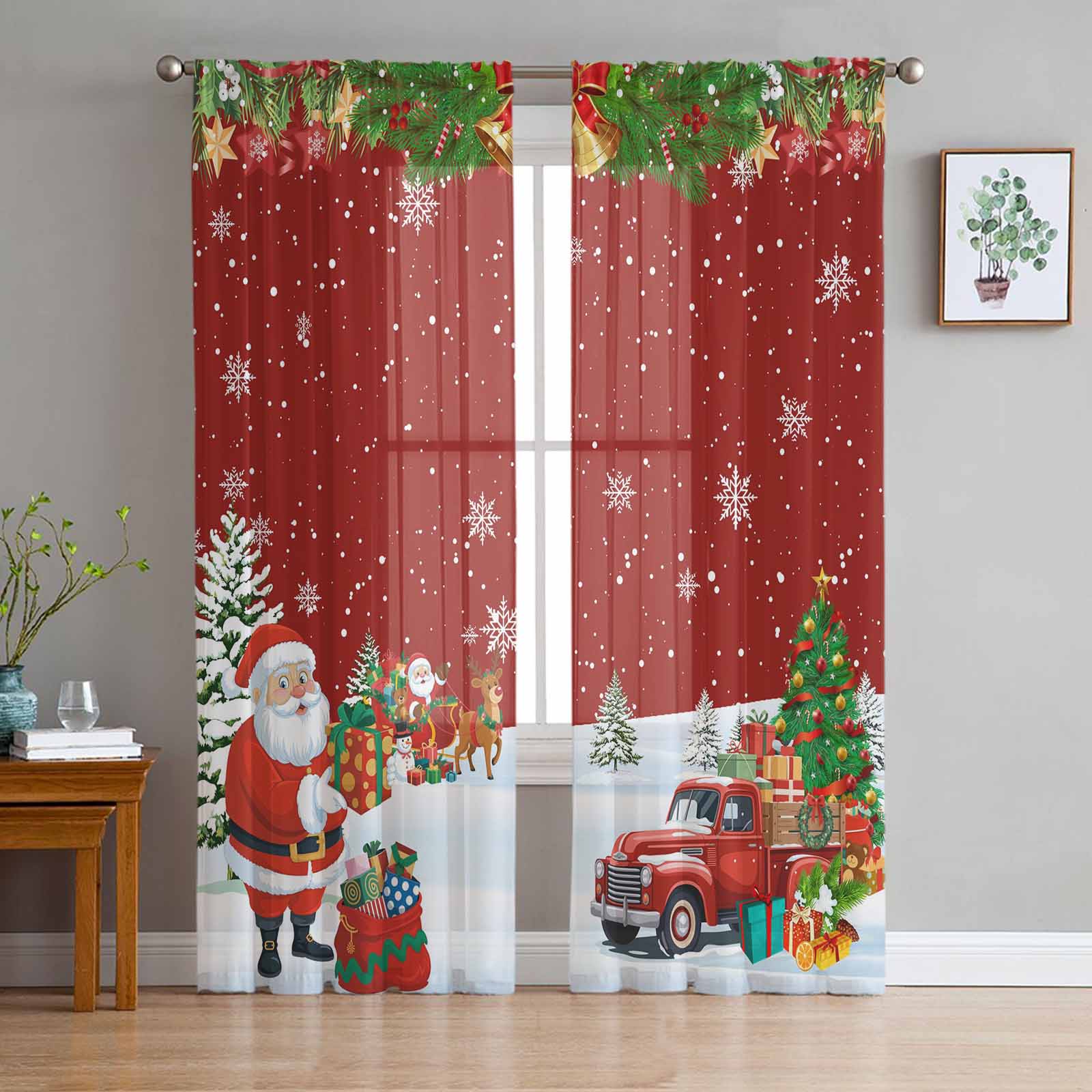 ERUNPONLY Red Christmas Sheer Curtains 84 Inch Length 2 Panels Set ...