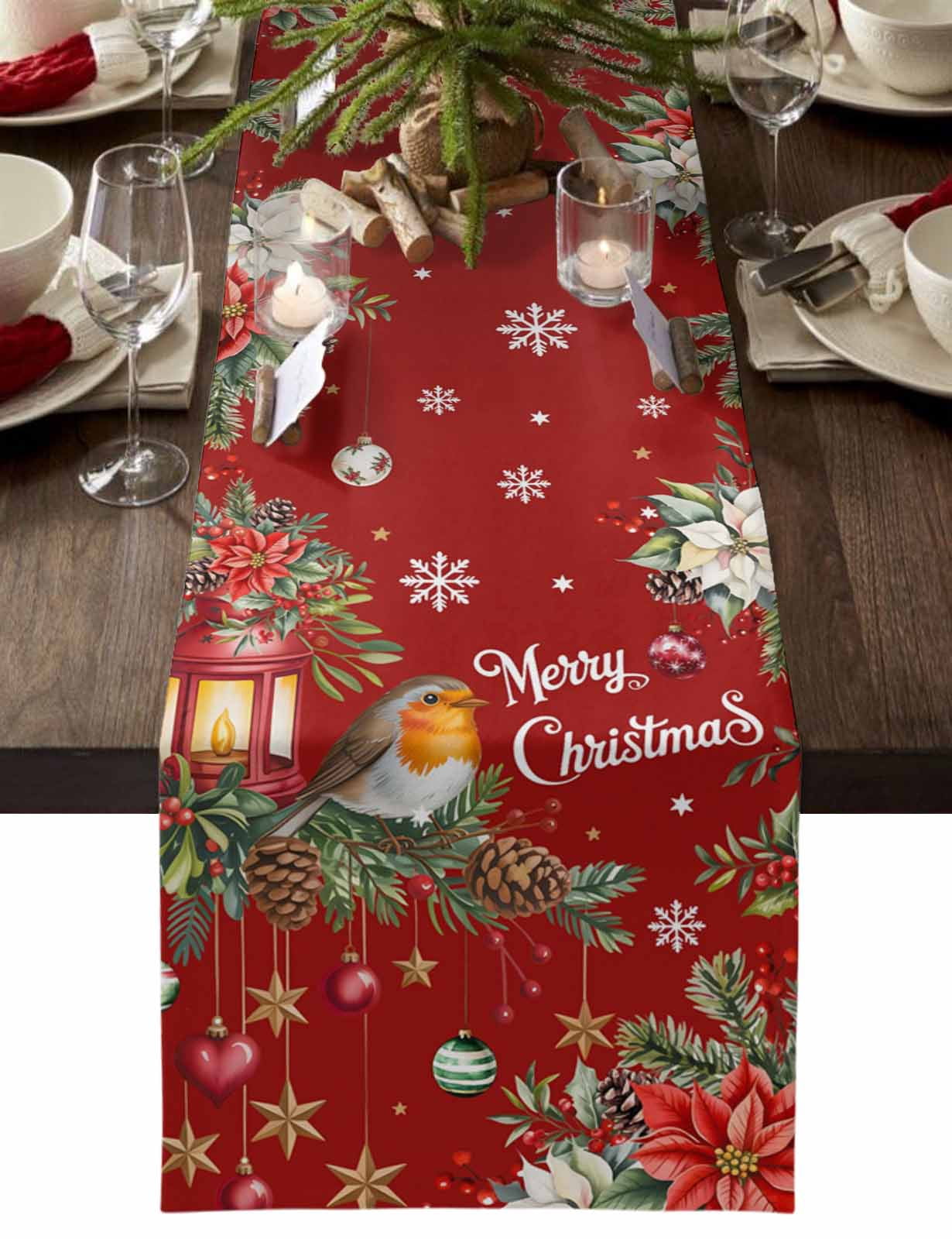 ERUNPONLY Red Christmas Table Runner - 108 Inch Long Xmas Botanical ...