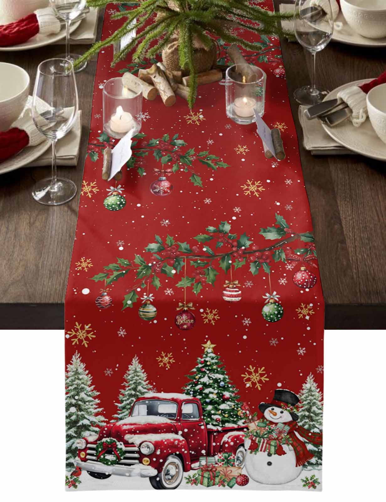 ERUNPONLY Red Christmas Table Runner - 48 Inch Long Xmas Snowman Truck ...