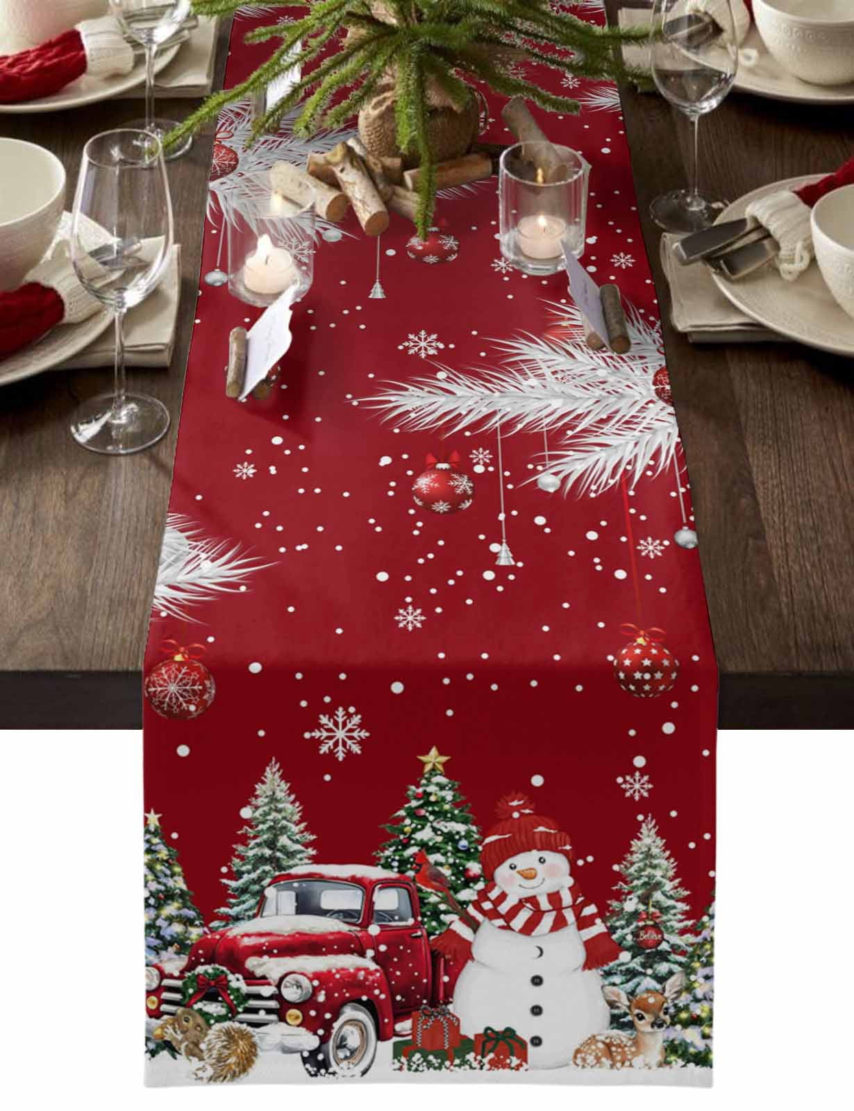 ERUNPONLY Red Christmas Table Runner - 48 Inch Long Xmas Snowman Truck ...