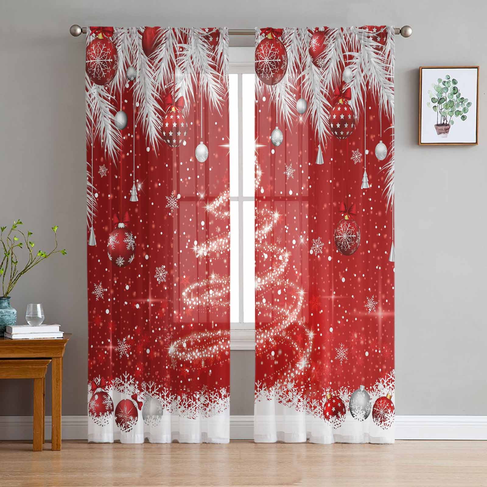 ERUNPONLY Red Christmas Tree Sheer Curtains 63 Inch Length 2 Panels Set ...