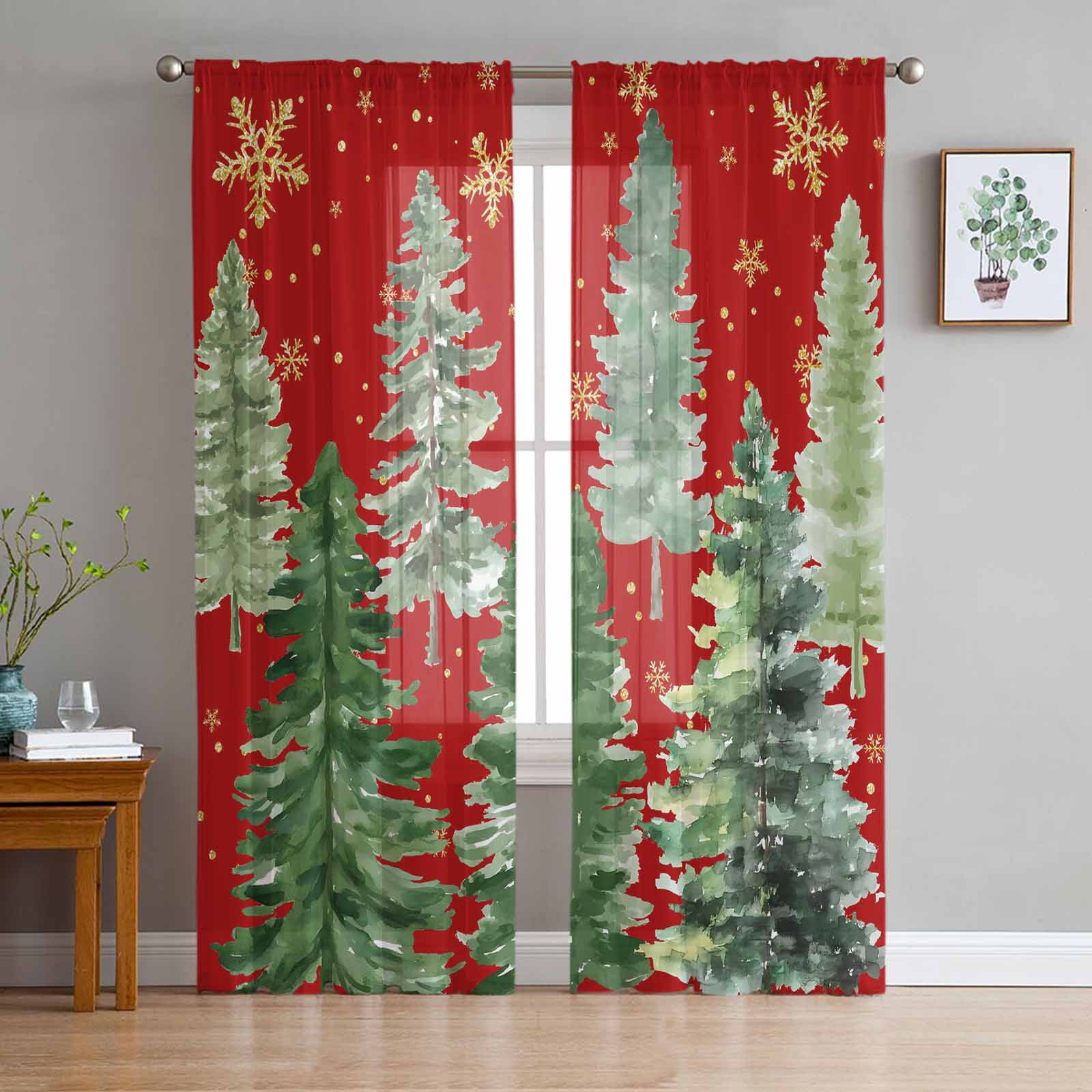 ERUNPONLY Red Christmas Tree Sheer Curtains 84 Inch Length 2 Panels Set ...