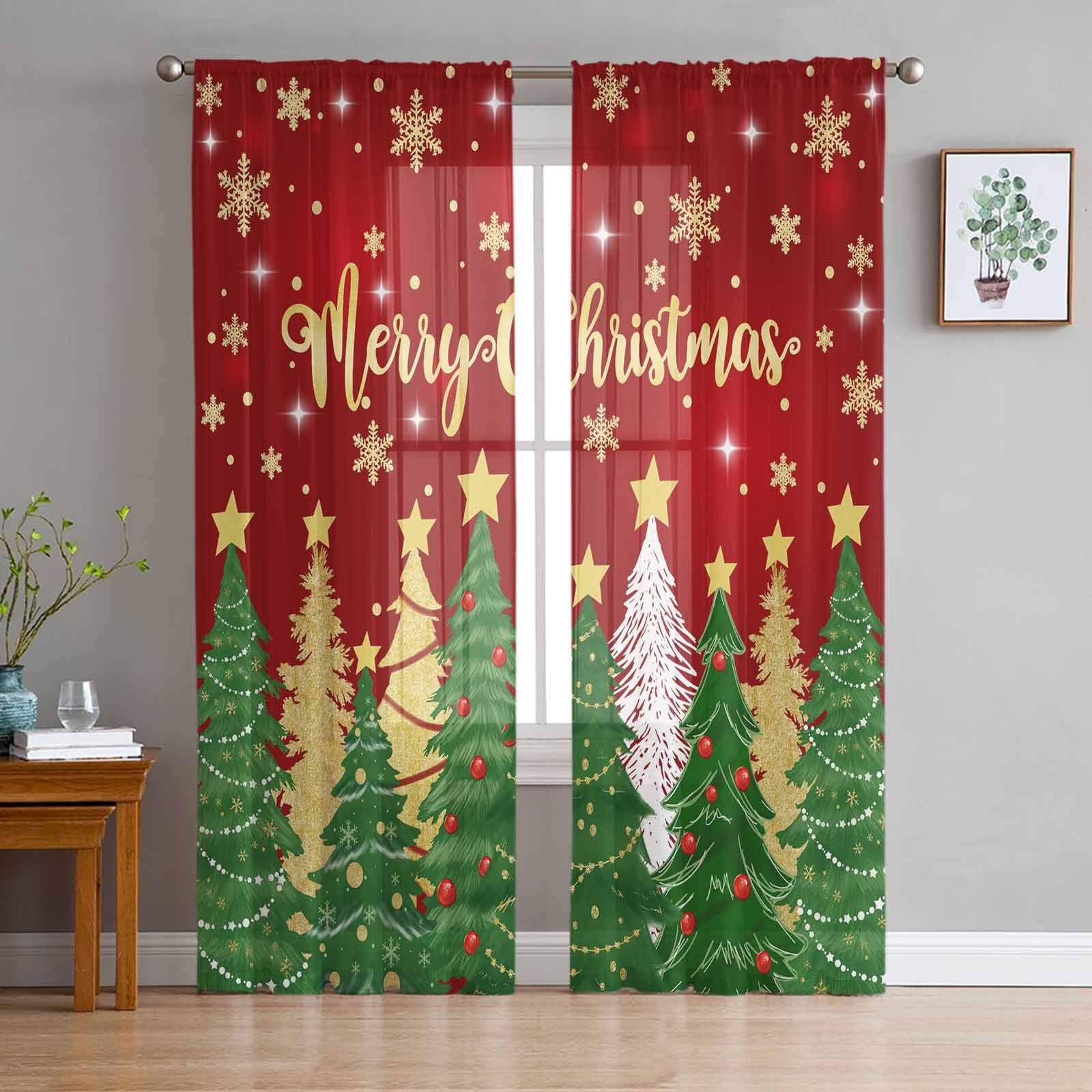 ERUNPONLY Red Christmas Tree Sheer Curtains 96 Inch Length 2 Panels Set ...