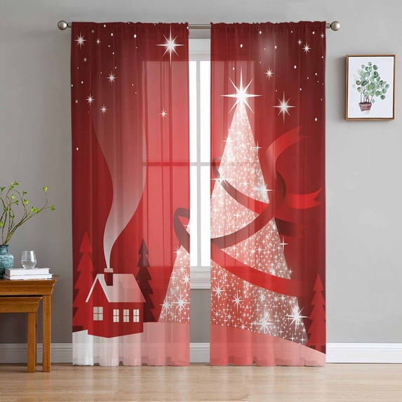 ERUNPONLY Red Christmas Tree Sheer Curtains 96 Inch Length 2 Panels Set ...