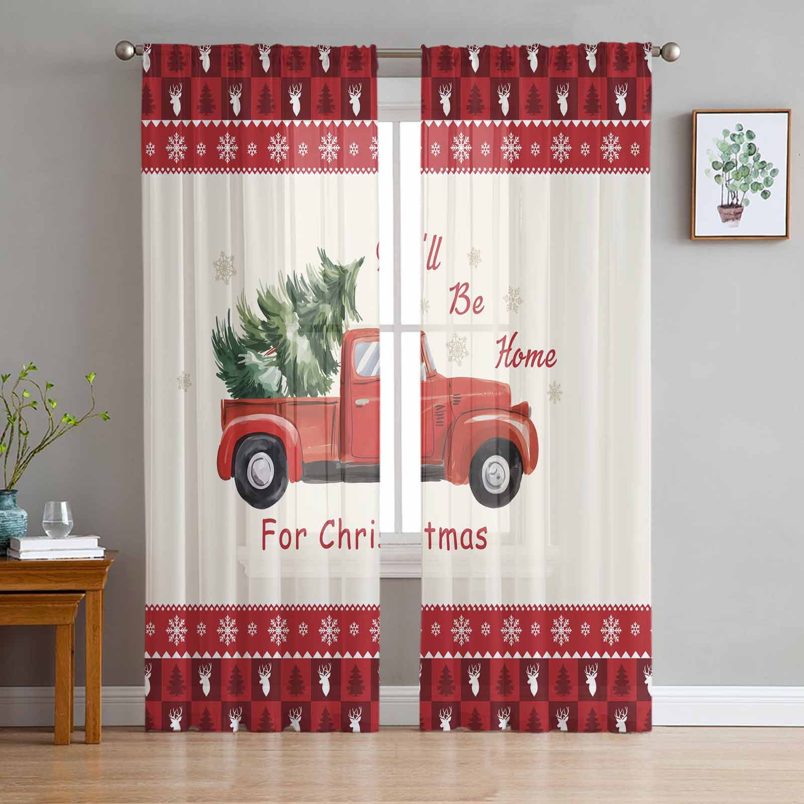 ERUNPONLY Red Christmas Truck Sheer Curtains 72 Inch Length 2 Panels ...