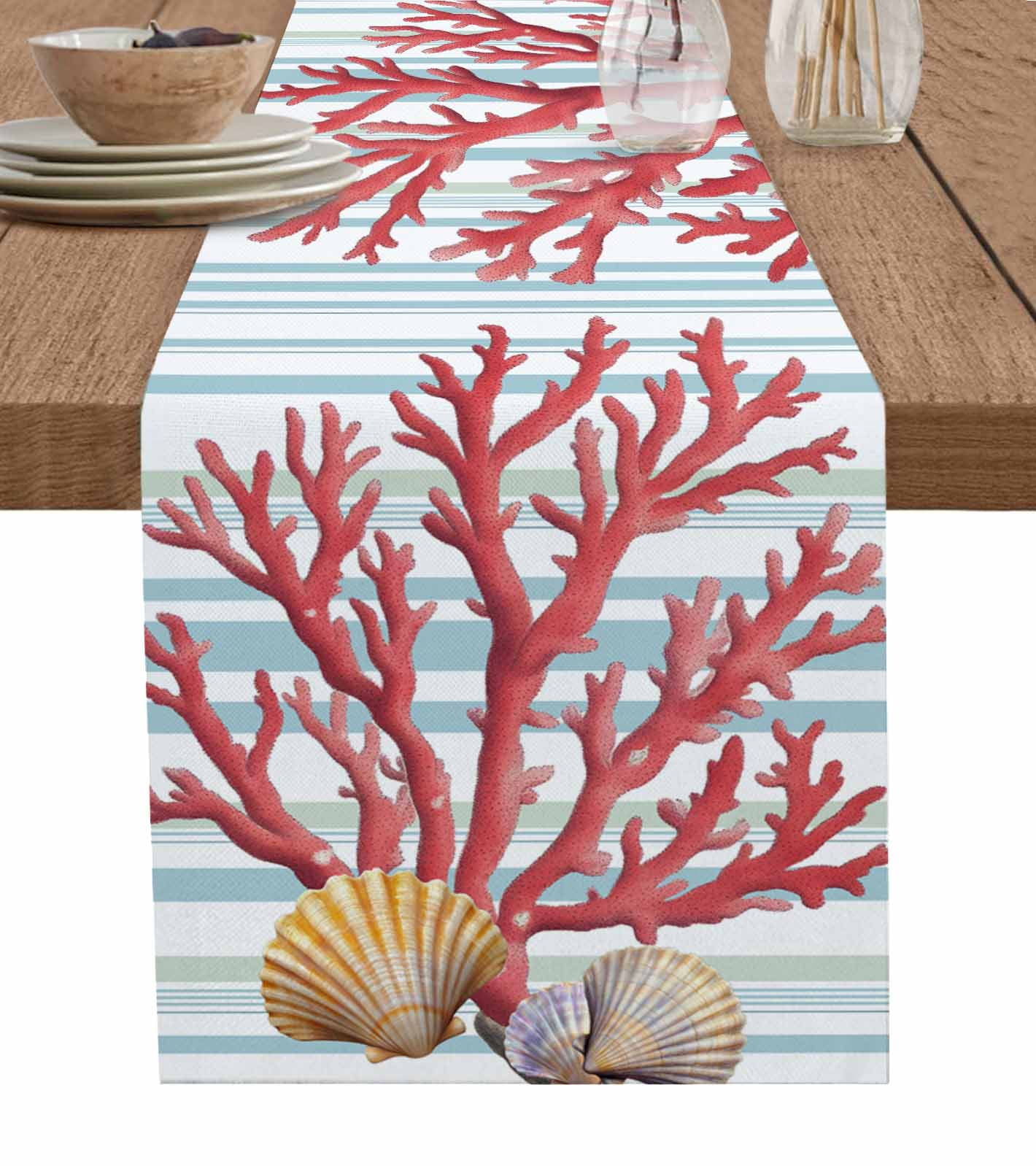 ERUNPONLY Red Coral Table Runner - 36 Inch Long Coastal Shell Summer ...