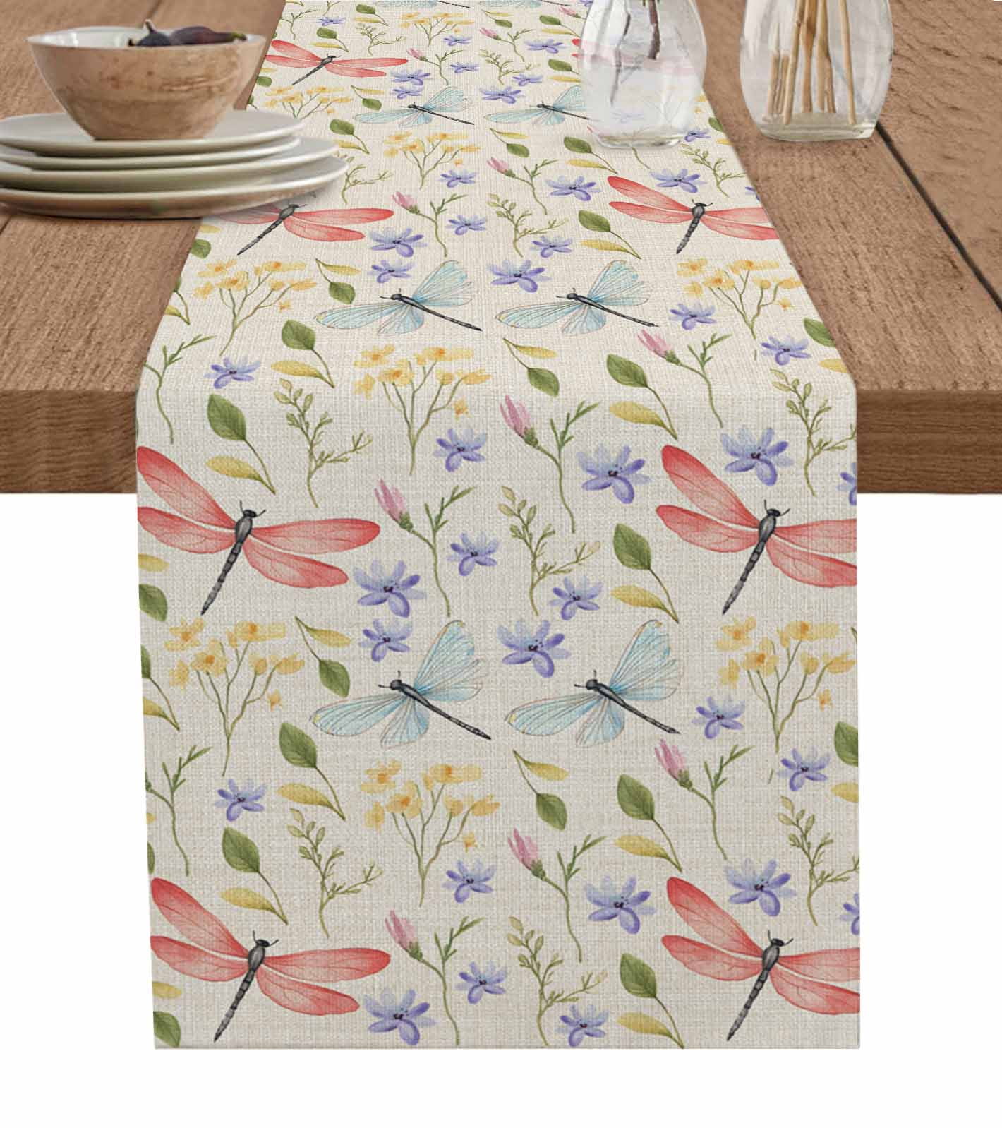 ERUNPONLY Red Dragonfly Table Runner - 72 Inch Long Spring Botanical ...