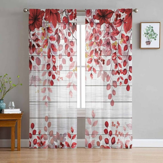 ERUNPONLY Red Eucalyptus Leaves Sheer Curtains 72 Inch Length 2 Panels ...