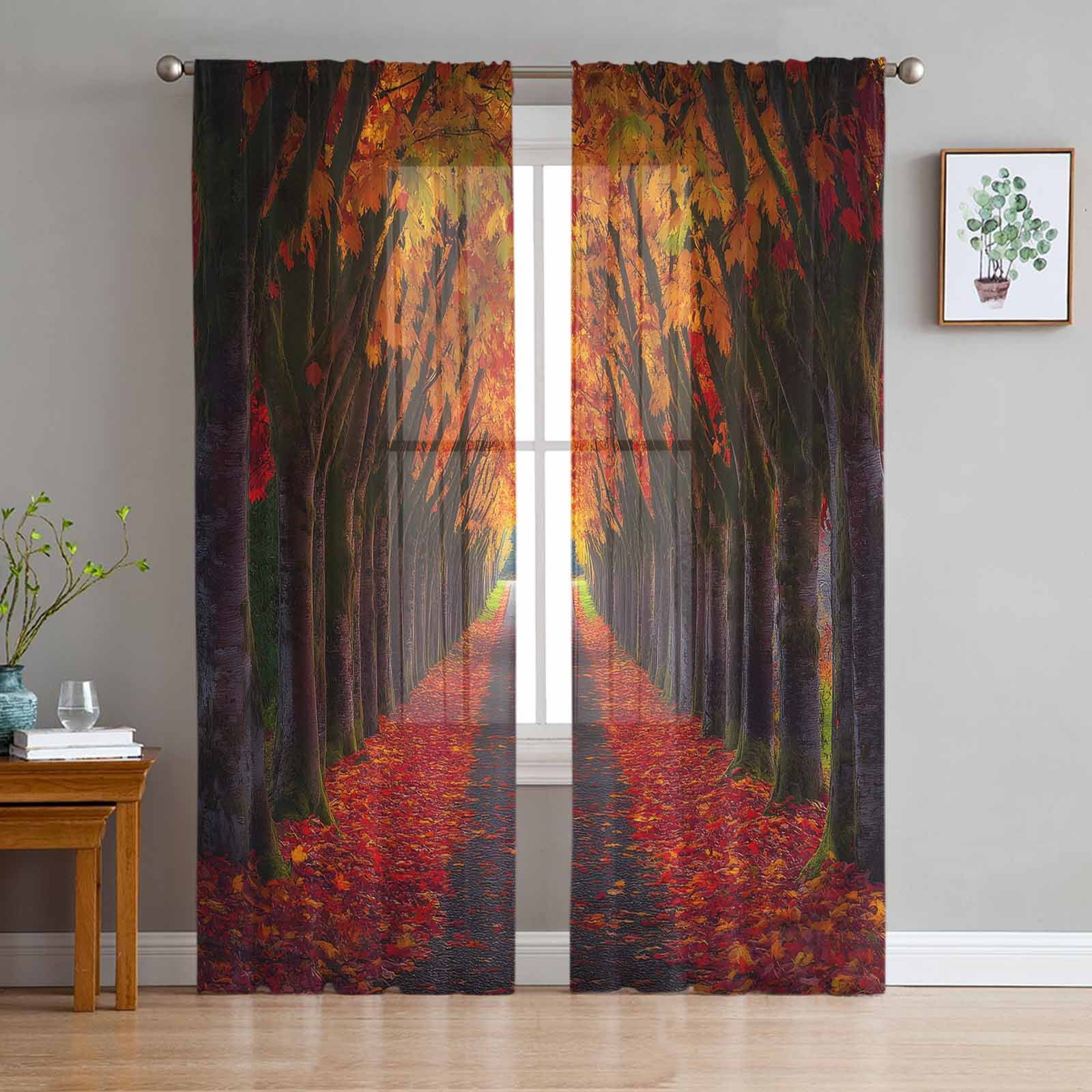 ERUNPONLY Red Forest Fall Sheer Curtains 84 Inch Length 2 Panels Set ...