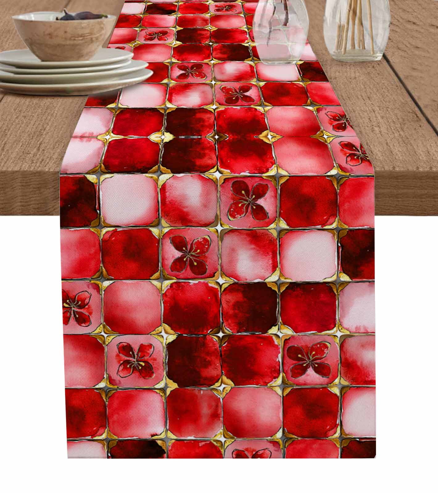 ERUNPONLY Red Geometric Table Runner - 70 Inch Long Modern Abstract Art ...