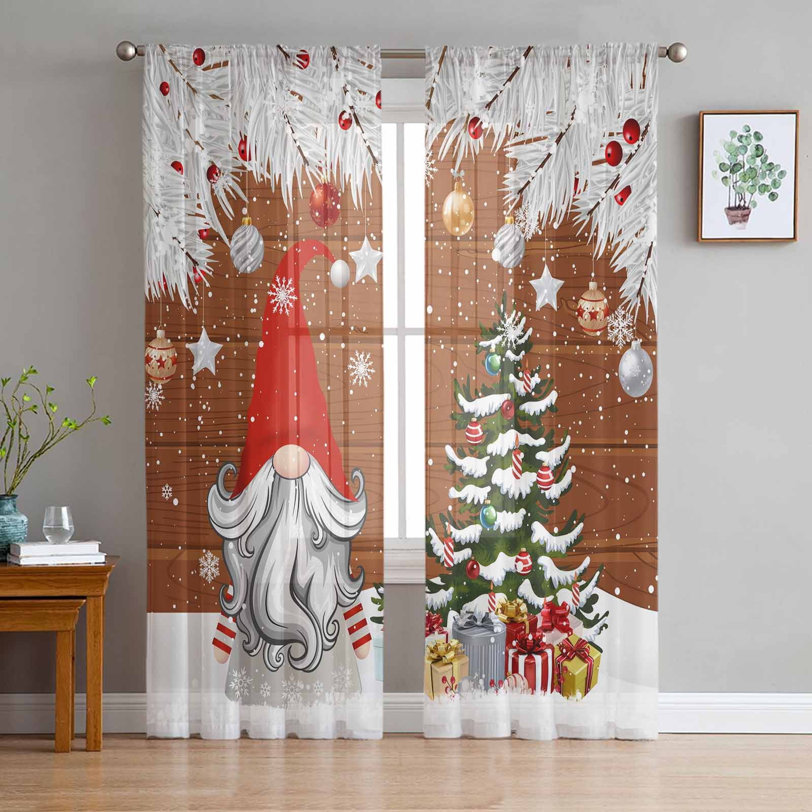 ERUNPONLY Red Gnomes Christmas Sheer Curtains 63 Inch Length 2 Panels ...