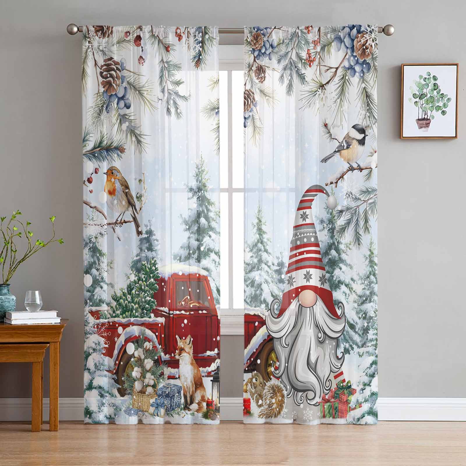 ERUNPONLY Red Gnomes Christmas Sheer Curtains 84 Inch Length 2 Panels Set, Xmas Tree Snowflake ...