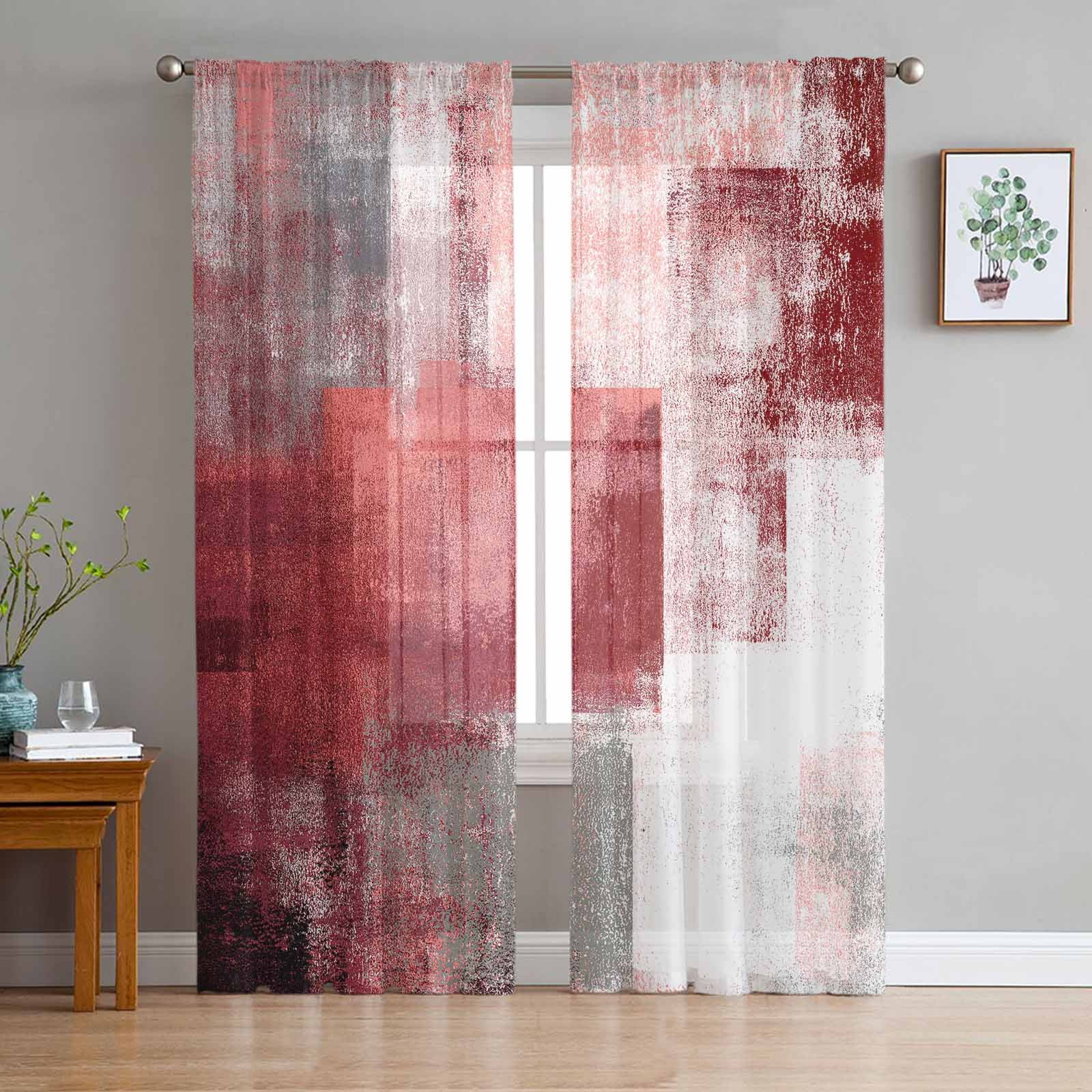 ERUNPONLY Red Grey Oil Painting Sheer Curtains 63 Inch Length 2 Panels ...