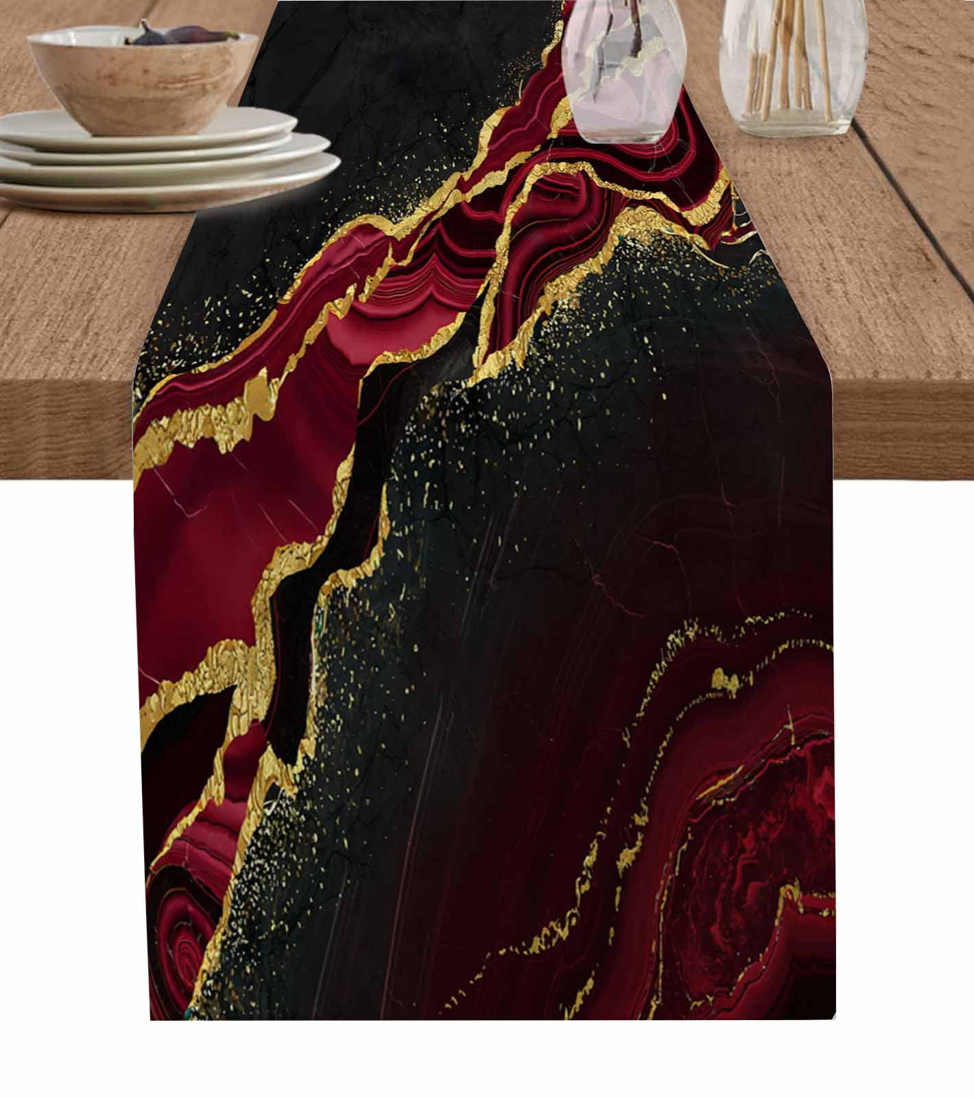 ERUNPONLY Red Marble Table Runner - 60 Inch Long Gold Abstract Vintage ...