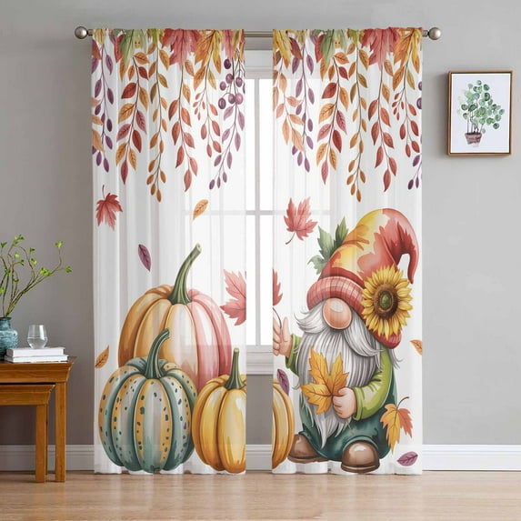 ERUNPONLY Red Orange Gnomes Fall Sheer Curtains 84 Inch Length 2 Panels ...