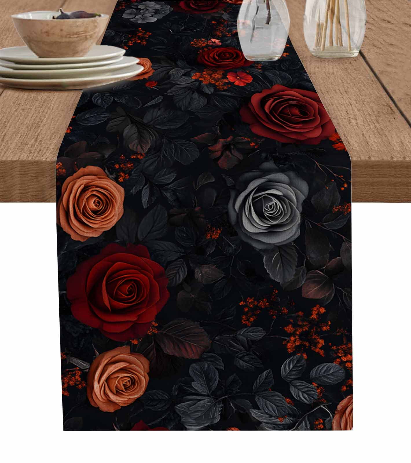 ERUNPONLY Red Orange Roses Table Runner - 72 Inch Long Elegant Romantic ...