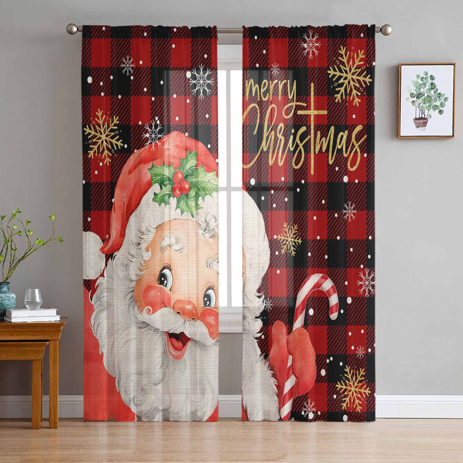 ERUNPONLY Red Plaid Christmas Sheer Curtains 63 Inch Length 2 Panels ...
