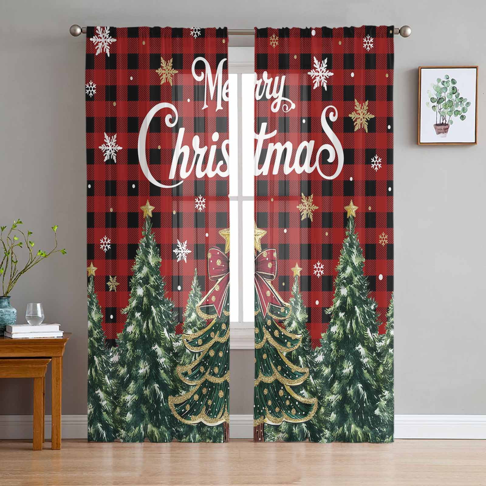 ERUNPONLY Red Plaid Christmas Sheer Curtains 72 Inch Length 2 Panels ...