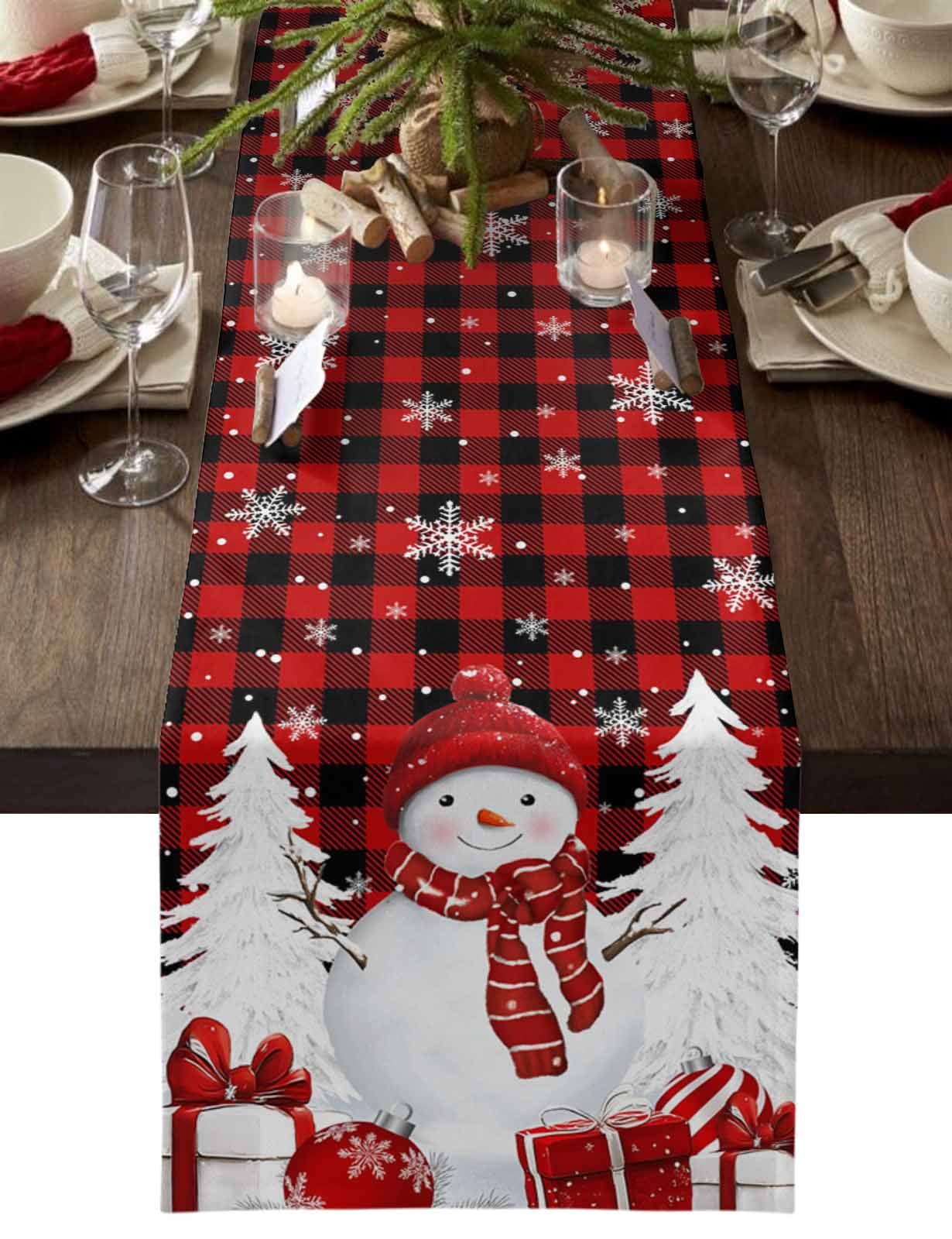 ERUNPONLY Red Plaid Christmas Table Runner - 108 Inch Long Snowman Xmas ...