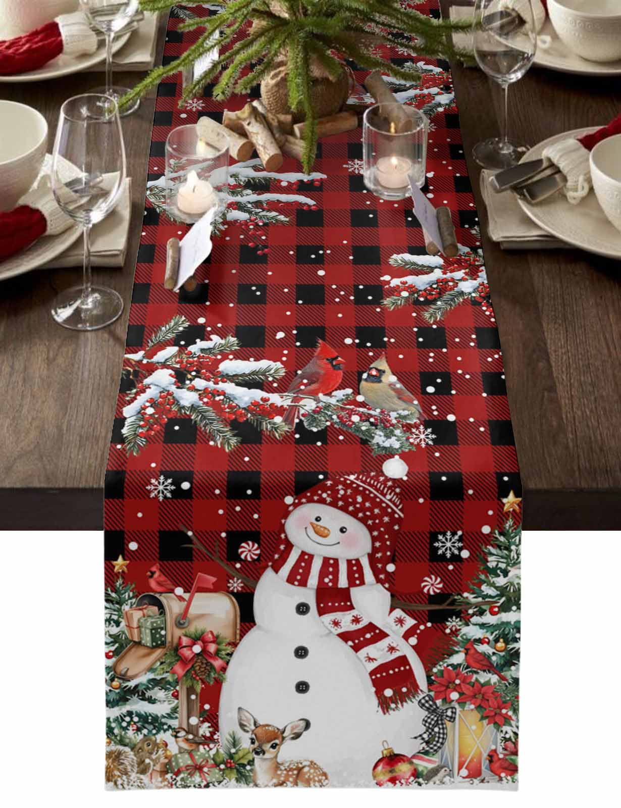 ERUNPONLY Red Plaid Christmas Table Runner - 48 Inch Long Xmas Snowman ...