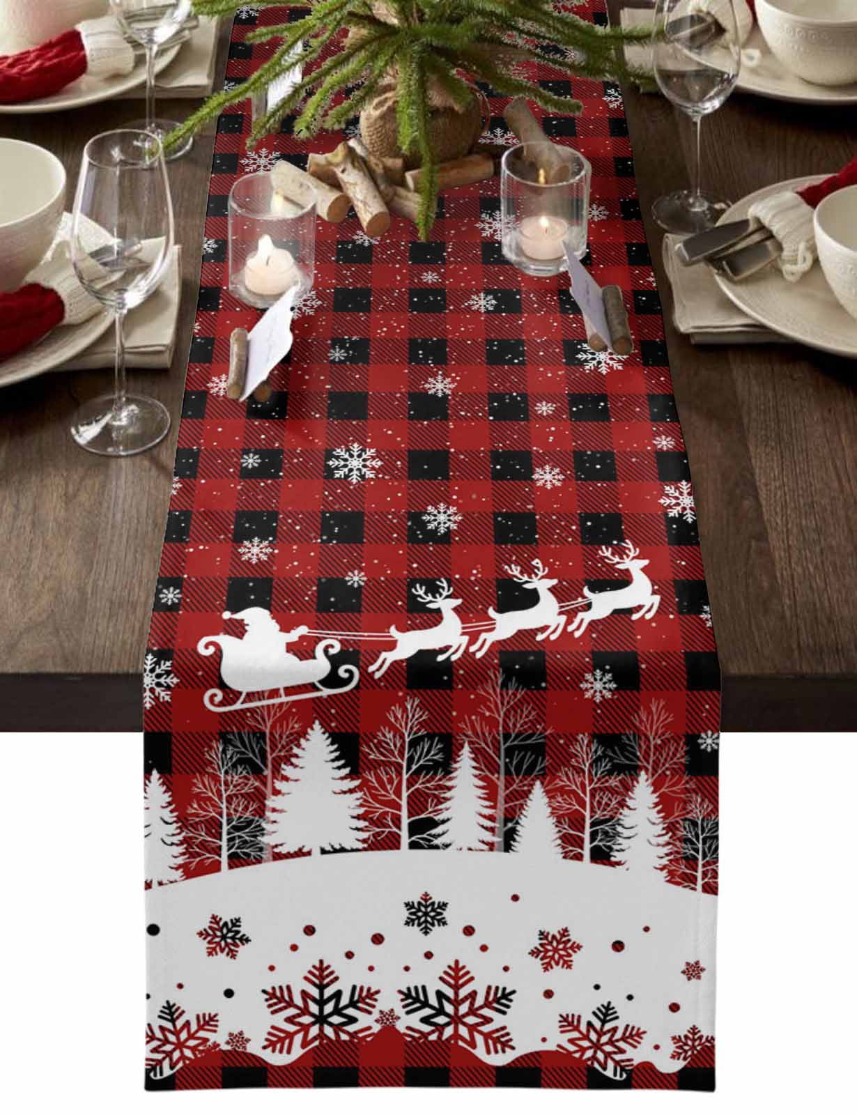 ERUNPONLY Red Plaid Christmas Table Runner - 90 Inch Long Xmas Elk Tree ...