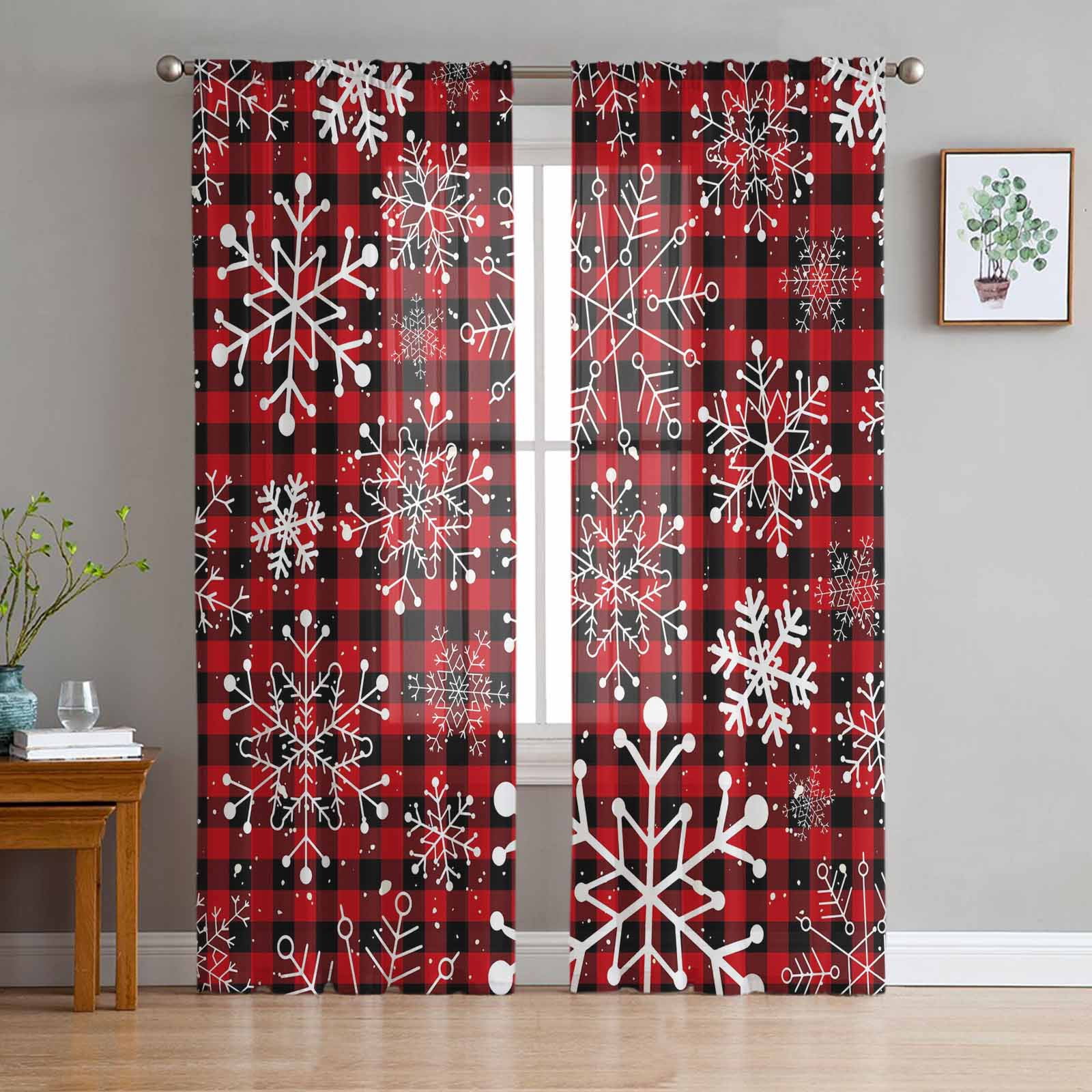 ERUNPONLY Red Plaid Snowflake Christmas Sheer Curtains 84 Inch Length 2 ...