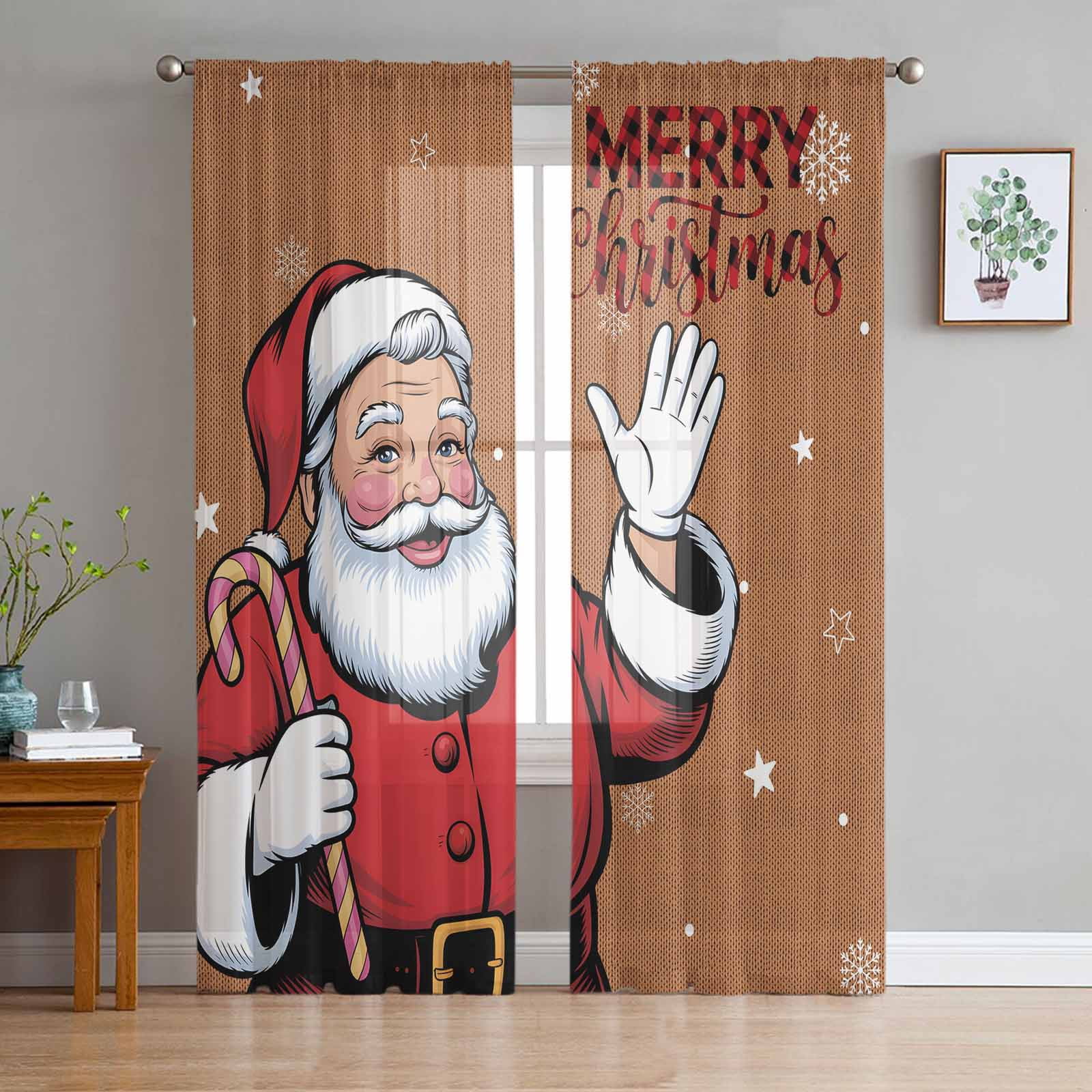 ERUNPONLY Red Santa Christmas Sheer Curtains 96 Inch Length 2 Panels ...